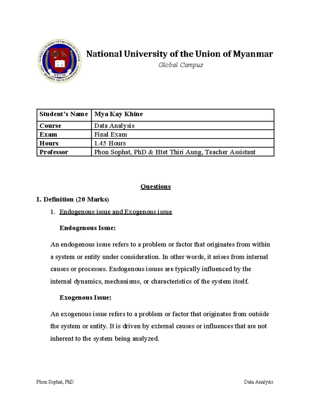 Final Exam NUUM2023 (Mya Kay Khine) - National University of the Union ...