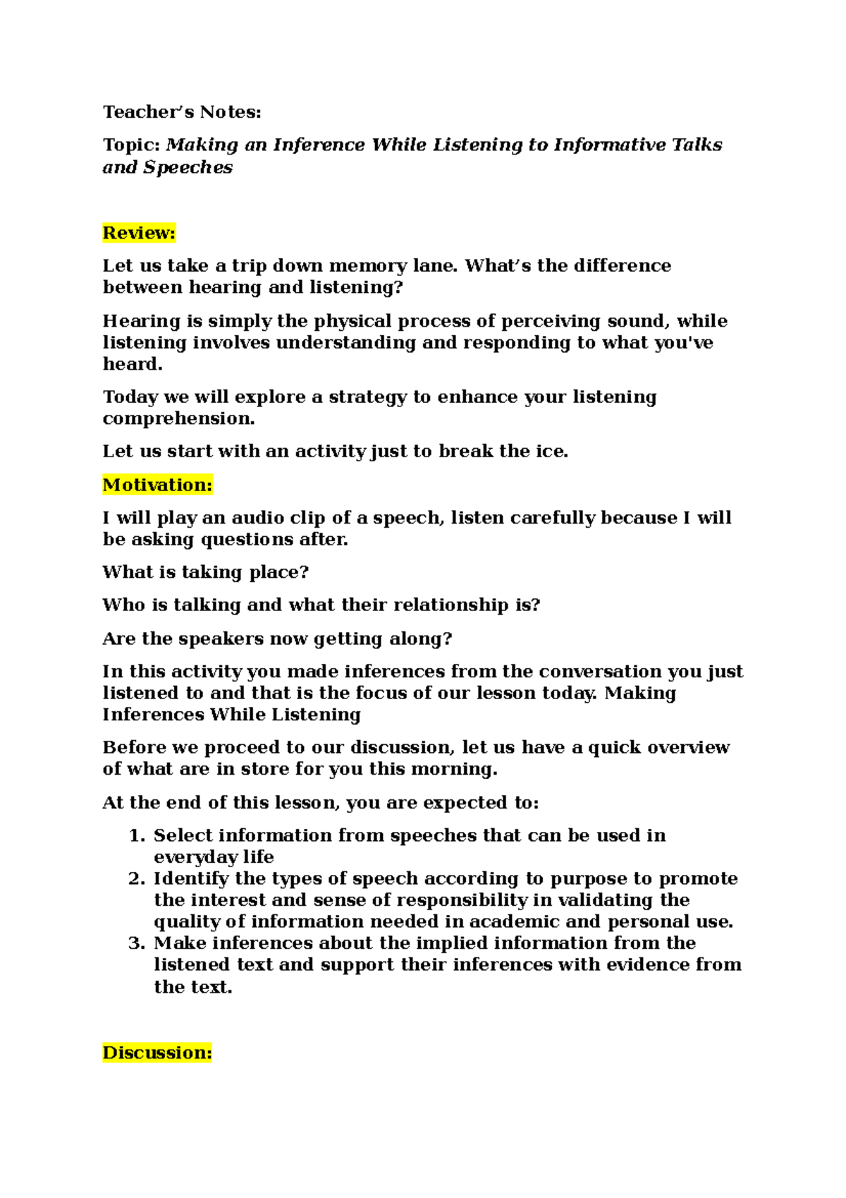 Grade 10 Making Inferences Teacher's Notes - Teacher’s Notes: Topic ...