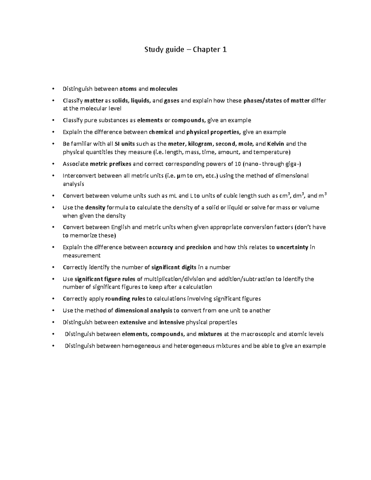 Study Guide Chapter 1 - key - Study guide – Chapter 1 Distinguish between atoms and molecules ...