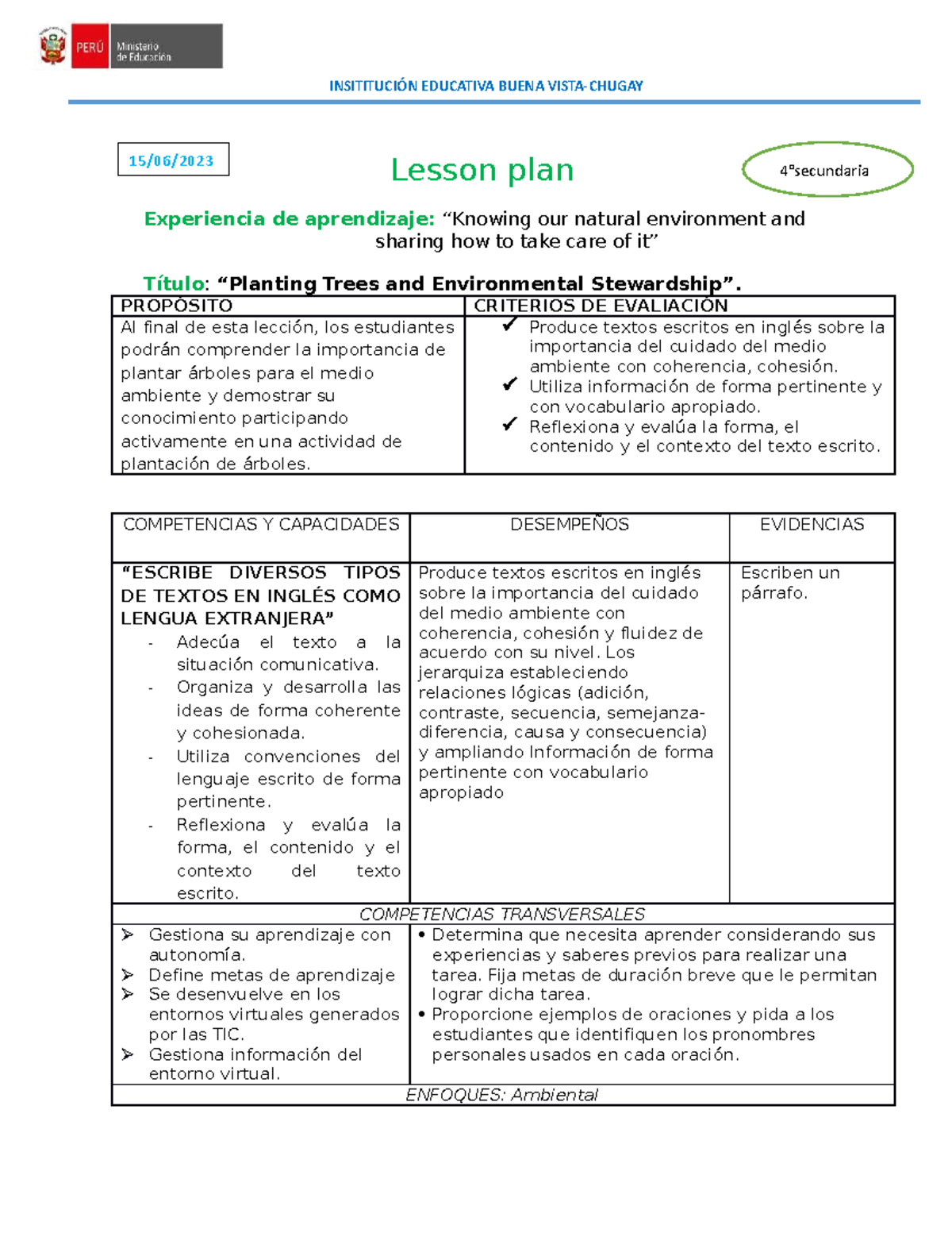 1. Lesson plann-4°. 15-06-2023 - Lesson plan Experiencia de aprendizaje ...