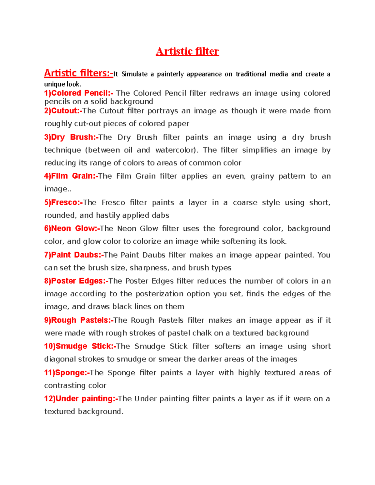 Artistic filter - Notes - Artistic filter Artistic filters:-It Simulate ...