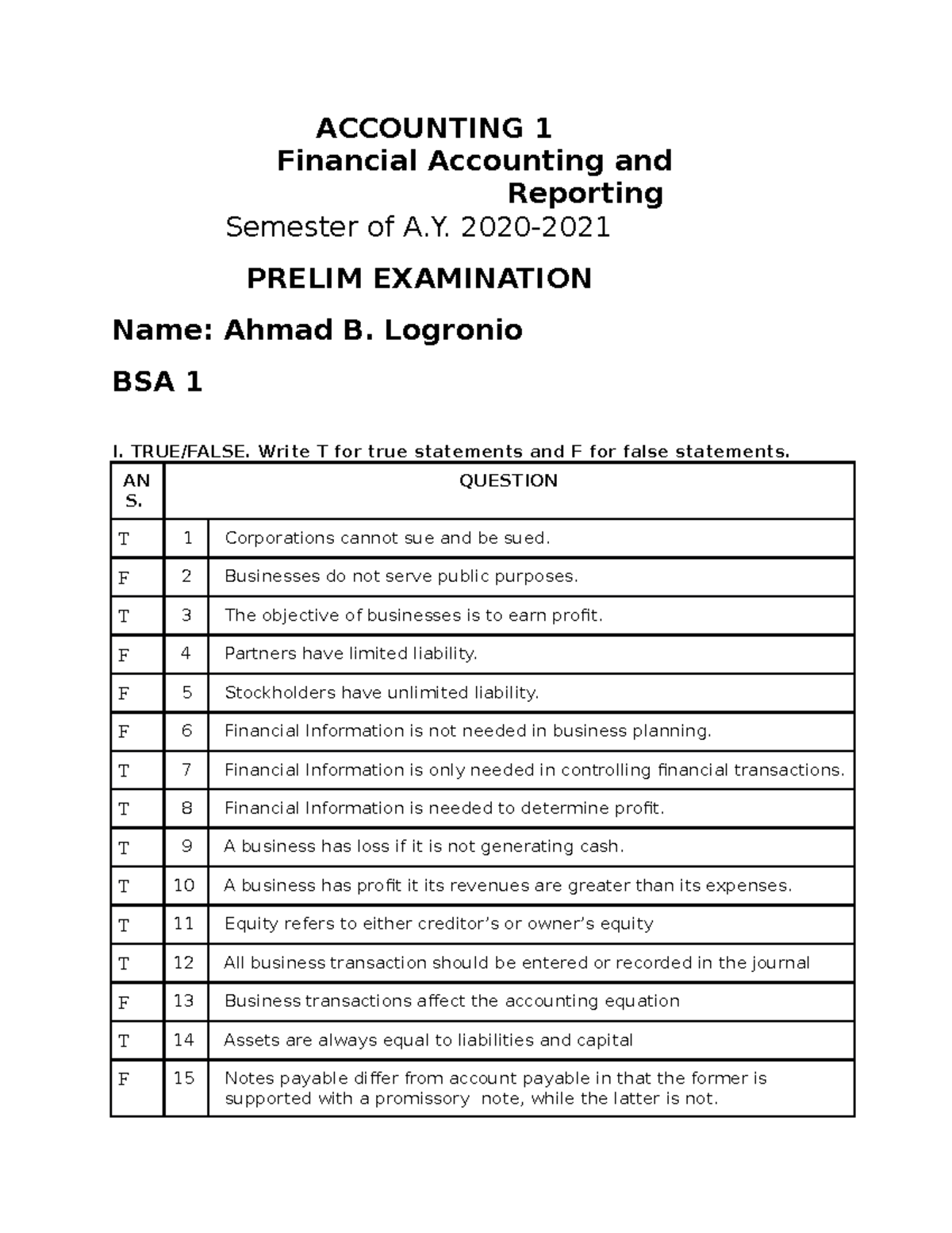 (Prelim Examination) - ACCOUNTING 1 Financial Accounting and Reporting ...