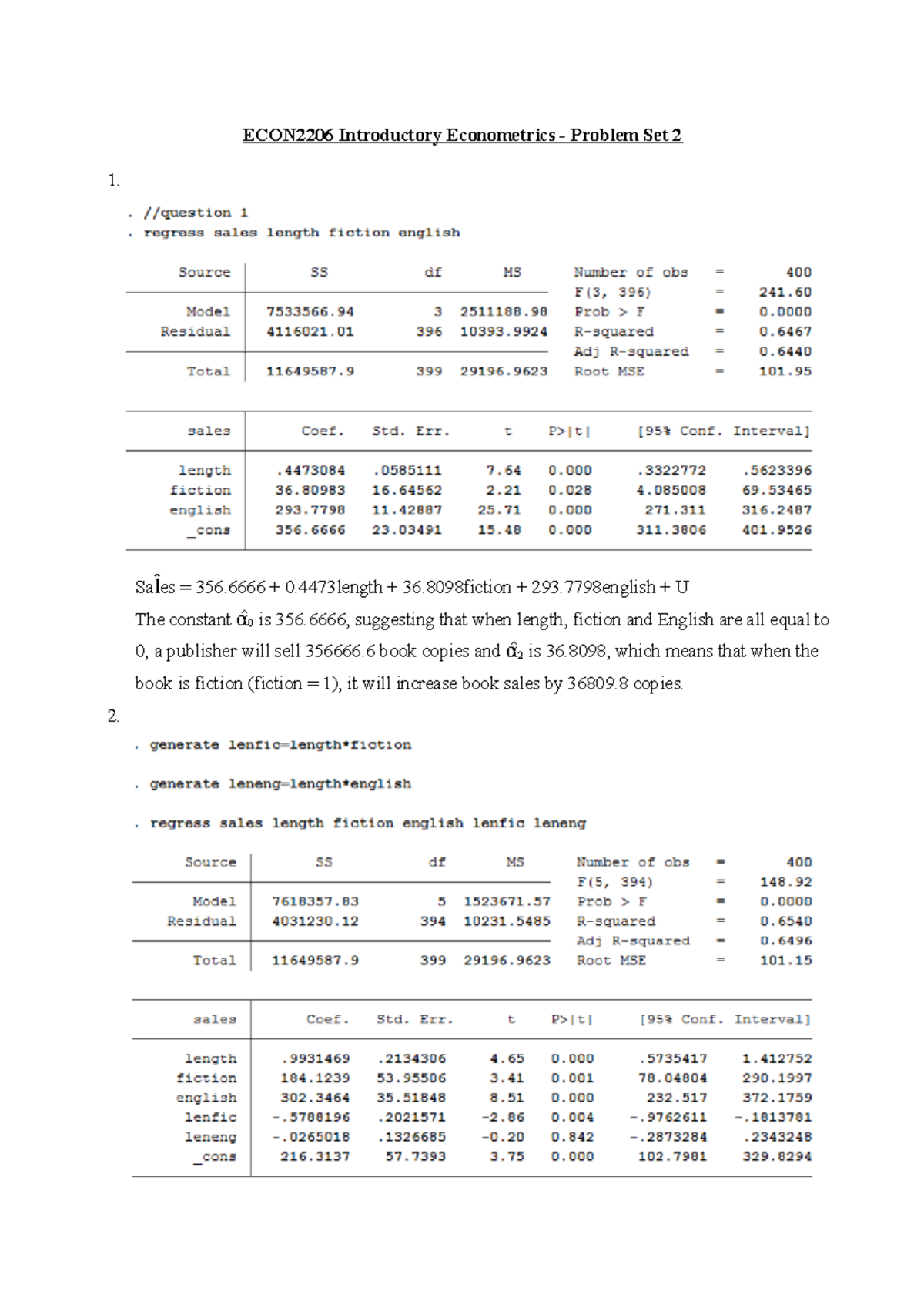Problem Set 2 solutions - ECON2206 Introductory Econometrics - Problem Set Sal̂es = 356 + 0 + 36 ...