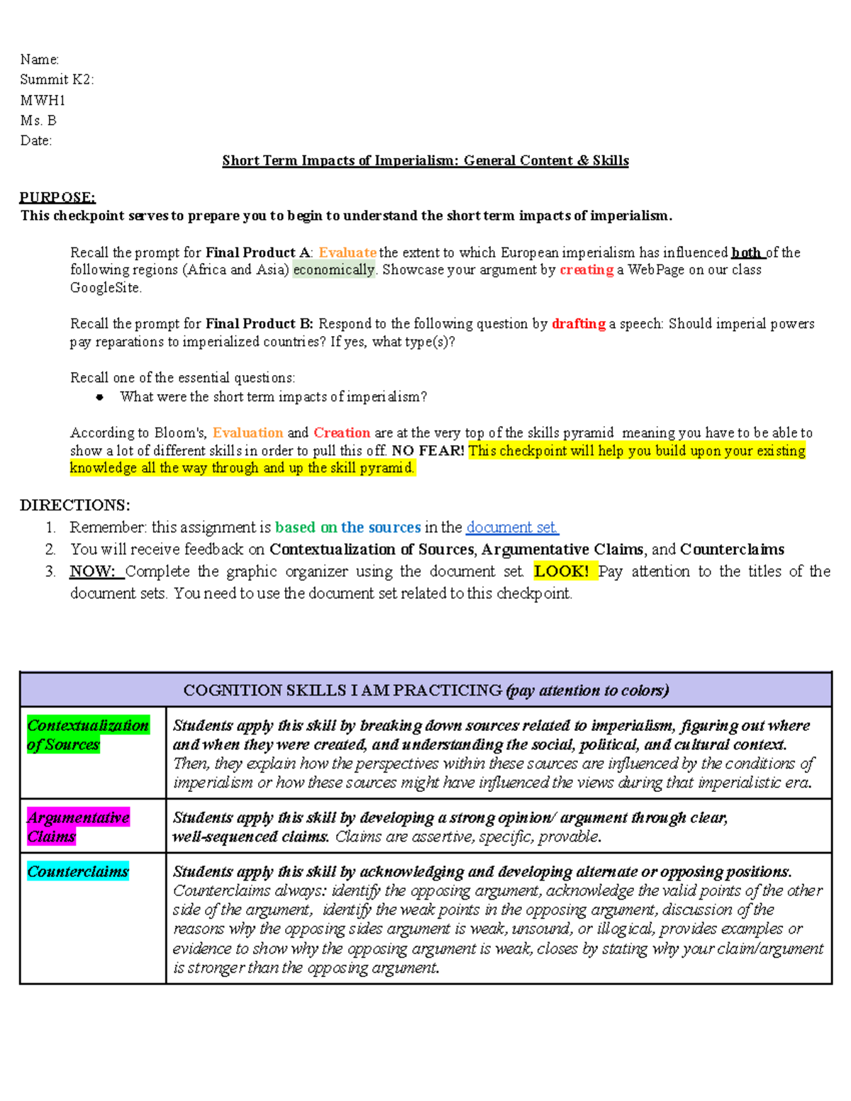 Copy of Short Term Impacts of Imperialism General Content & Skills ...