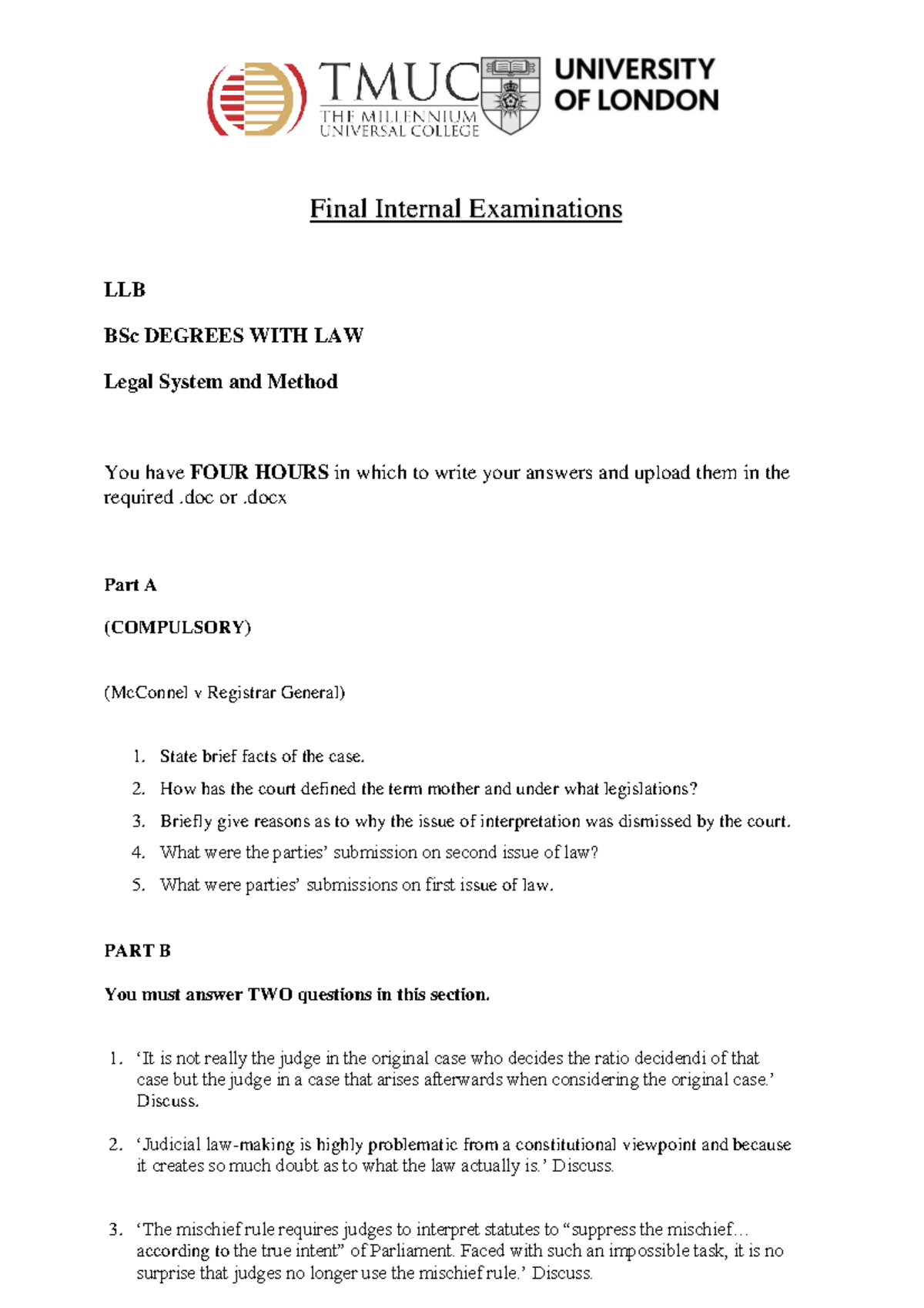 LSMmock final question paper - Final Internal Examinations LLB BSc ...