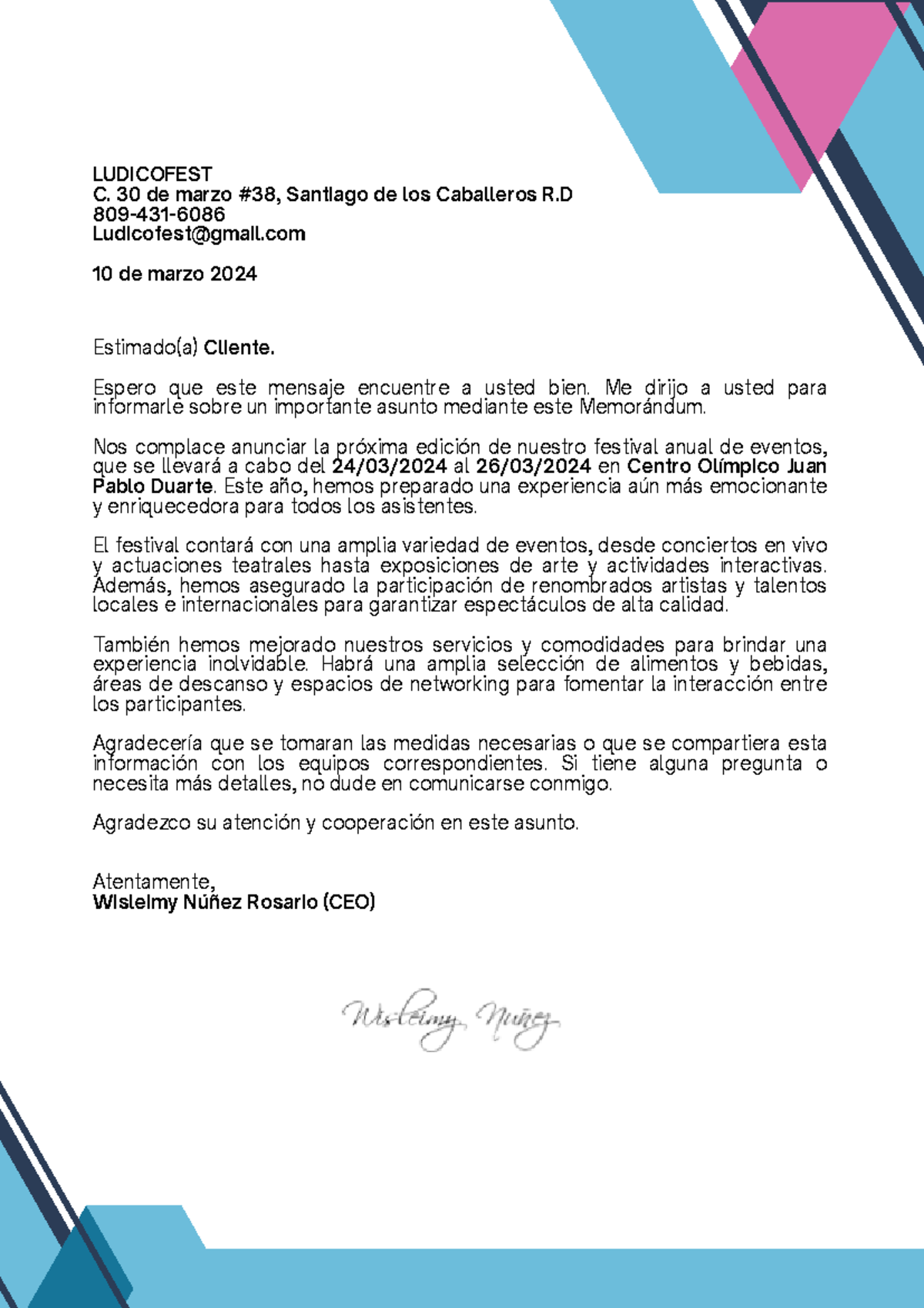 Carta la Memorándum - Estimado(a) Cliente. Espero que este mensaje ...