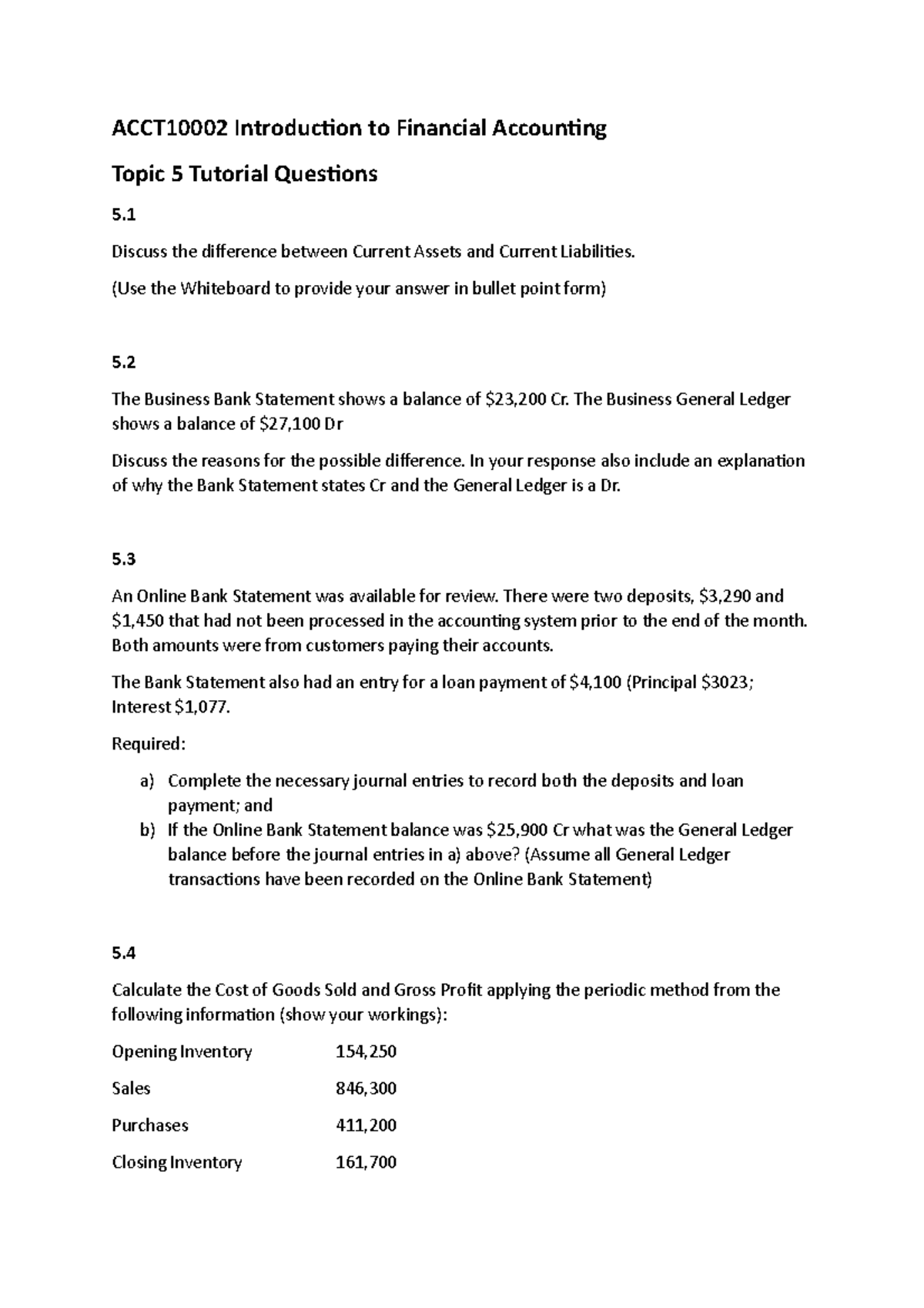 ACCT10002 Topic 5 Tutorial Questions - ACCT10002 Introduction to ...