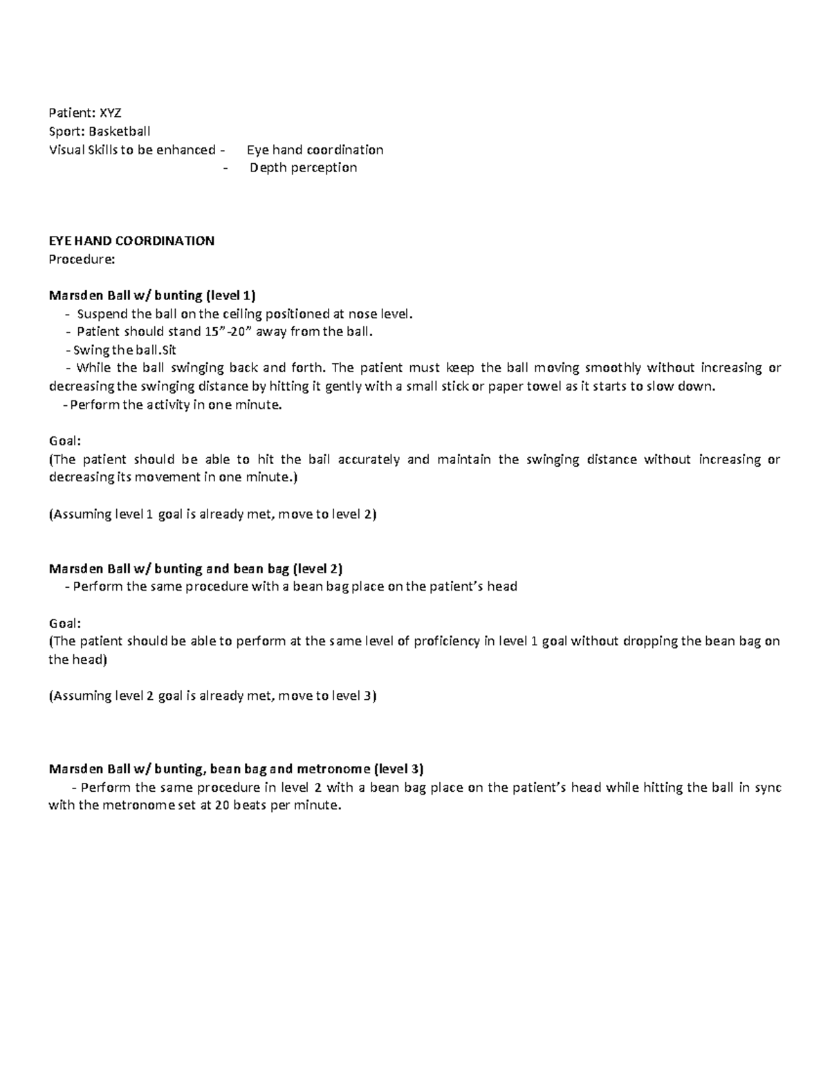 Sample Sports Program - Patient: XYZ Sport: Basketball Visual Skills to ...