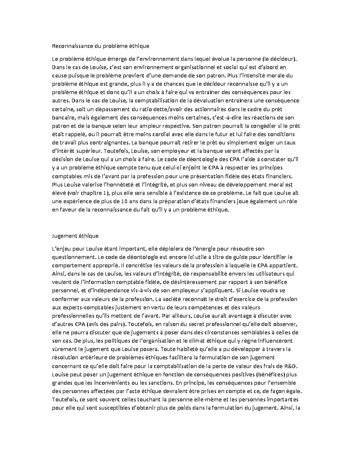 Solution du cas éthique - Reconnaissance du problème éthique Le ...