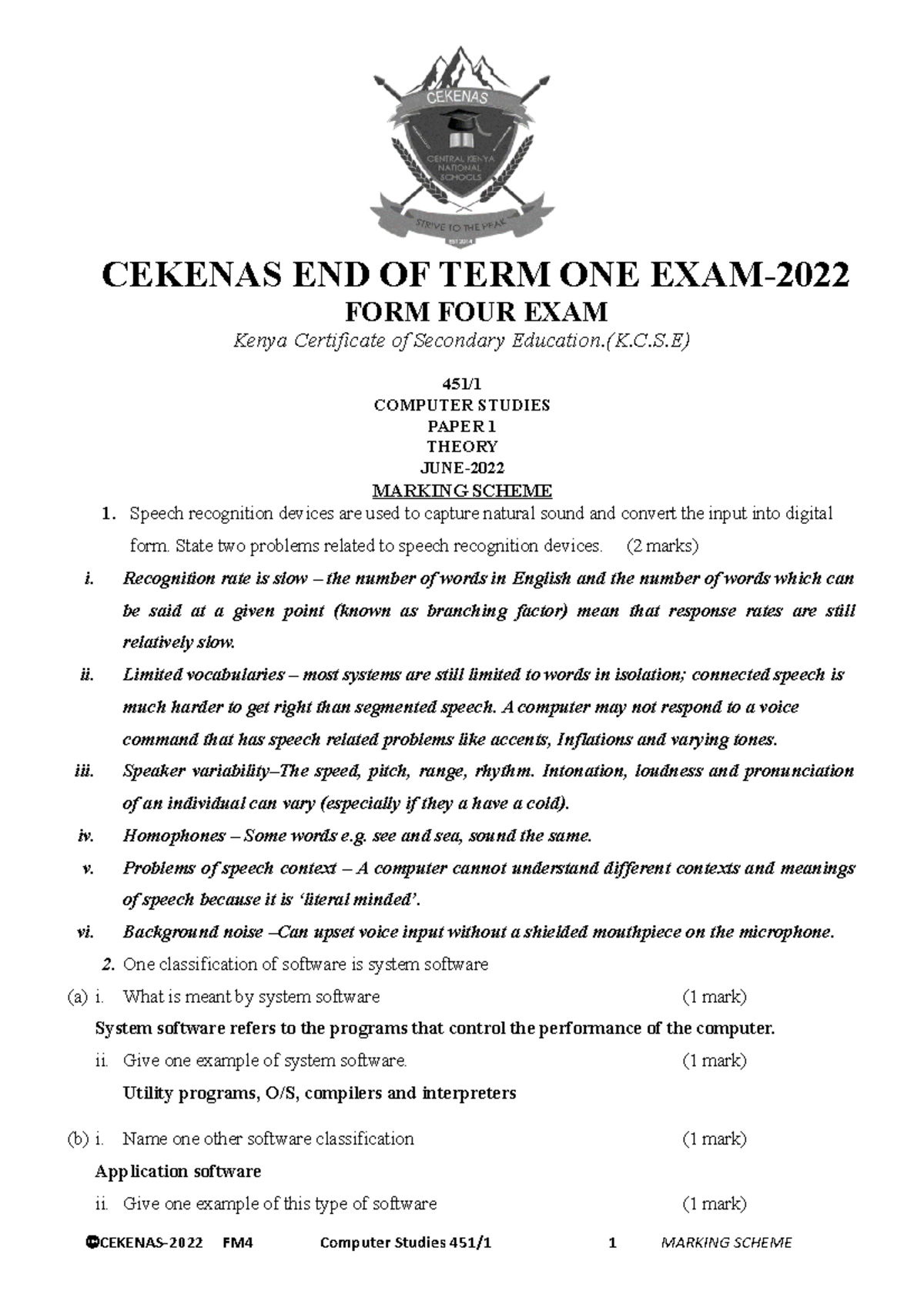 Computer Marking Scheme - CEKENAS END OF TERM ONE EXAM- FORM FOUR EXAM Kenya Certificate of ...