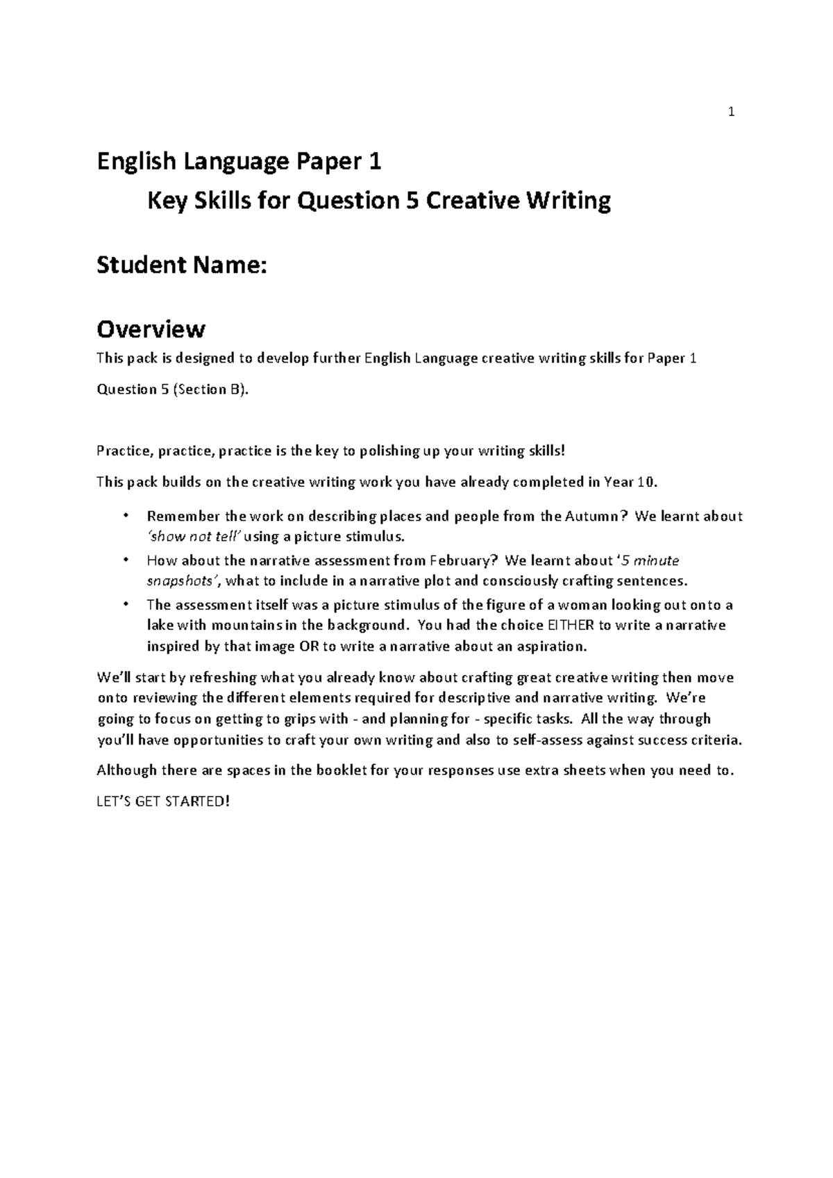 English Language Paper 1 Q5 Creative Writing NRW - English Language ...