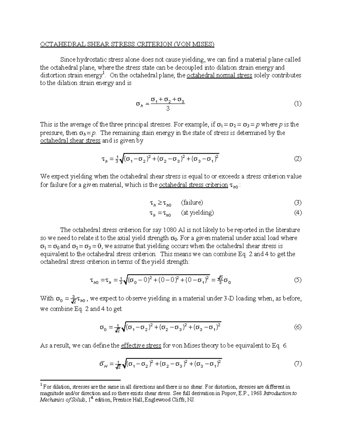 Lecture 10-octhhedral - OCTAHEDRAL SHEAR STRESS CRITERION (VON MISES ...