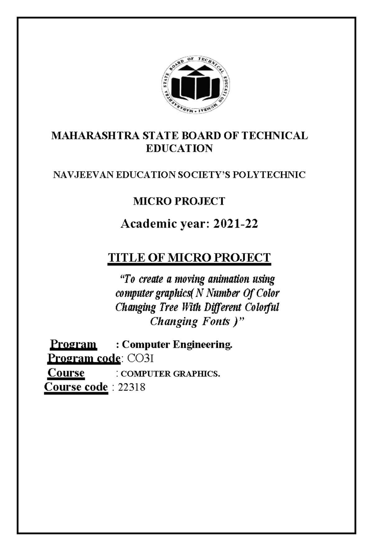 Toaz - Micro project - MAHARASHTRA STATE BOARD OF TECHNICAL EDUCATION NAVJEEVAN EDUCATION ...