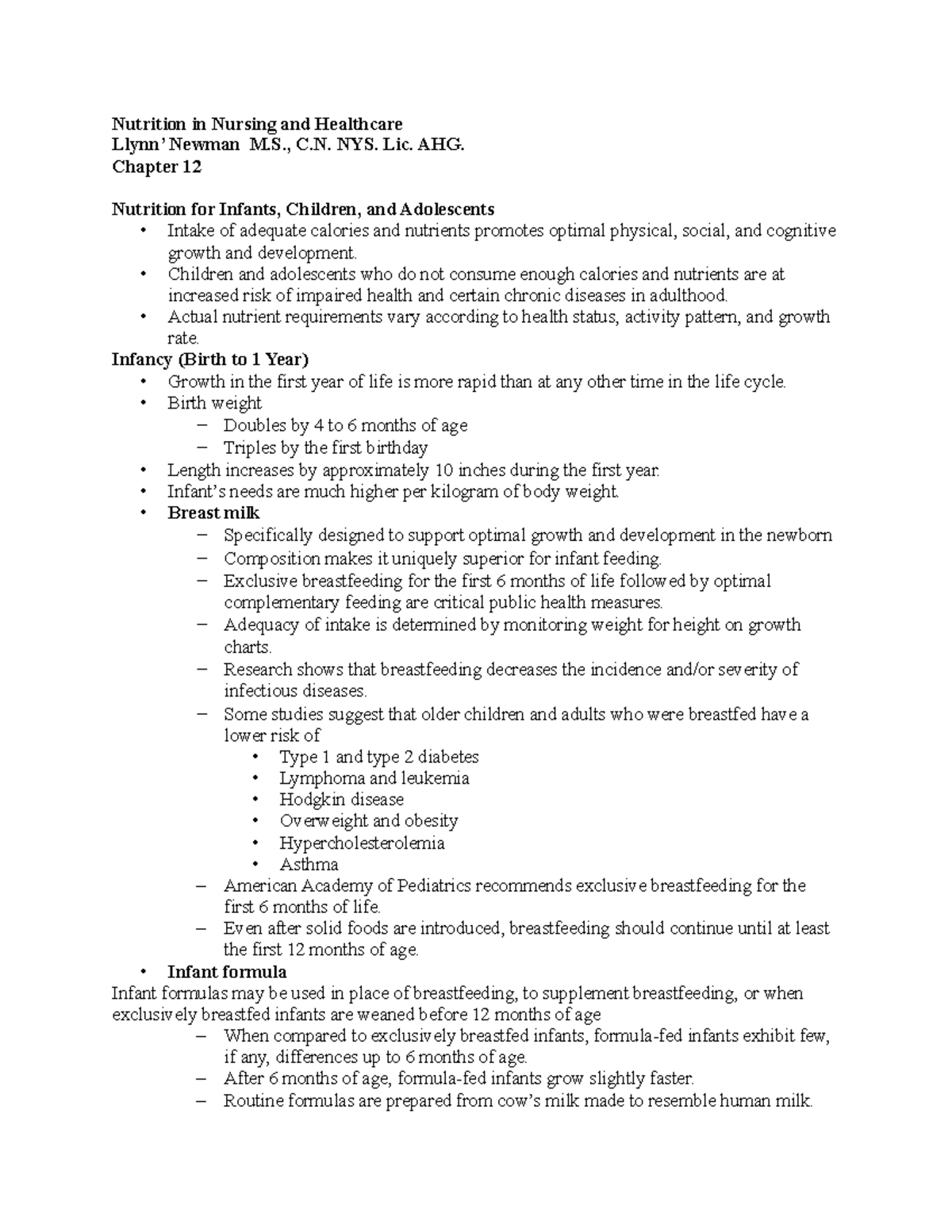 Nutrition For Infants Children And Adolescents Chp 12 Nutrition In