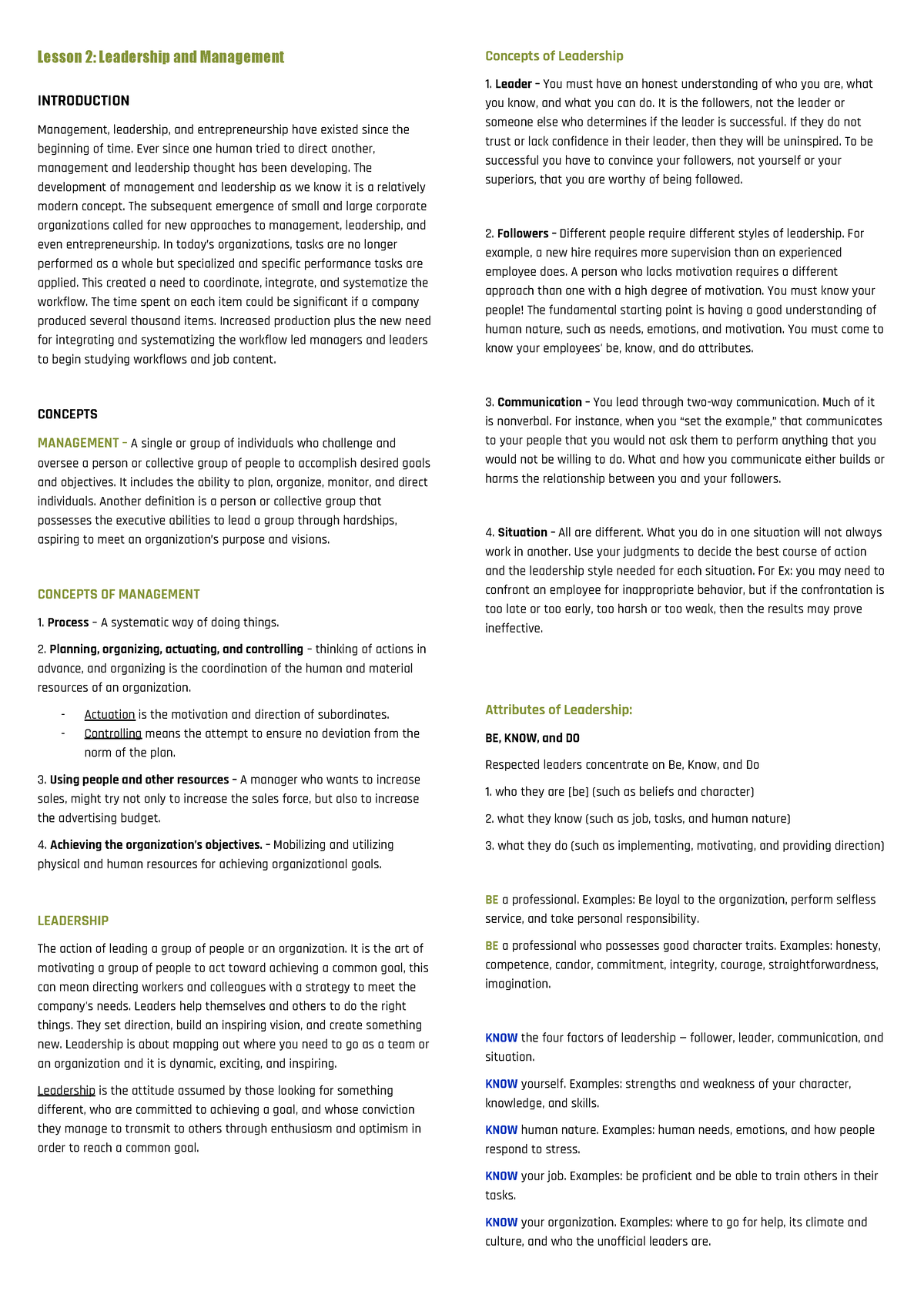 Lesson 2 Leadership and Management - Lesson 2: Leadership and ...