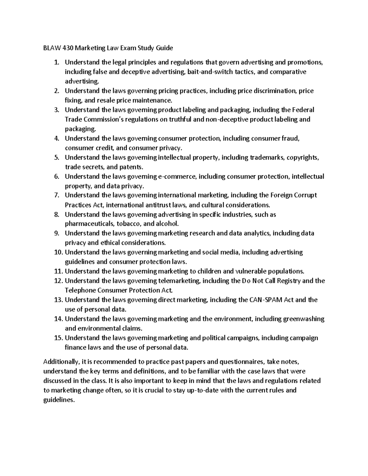 Document 12 - Course of M LAW - BLAW 430 Marketing Law Exam Study Guide ...