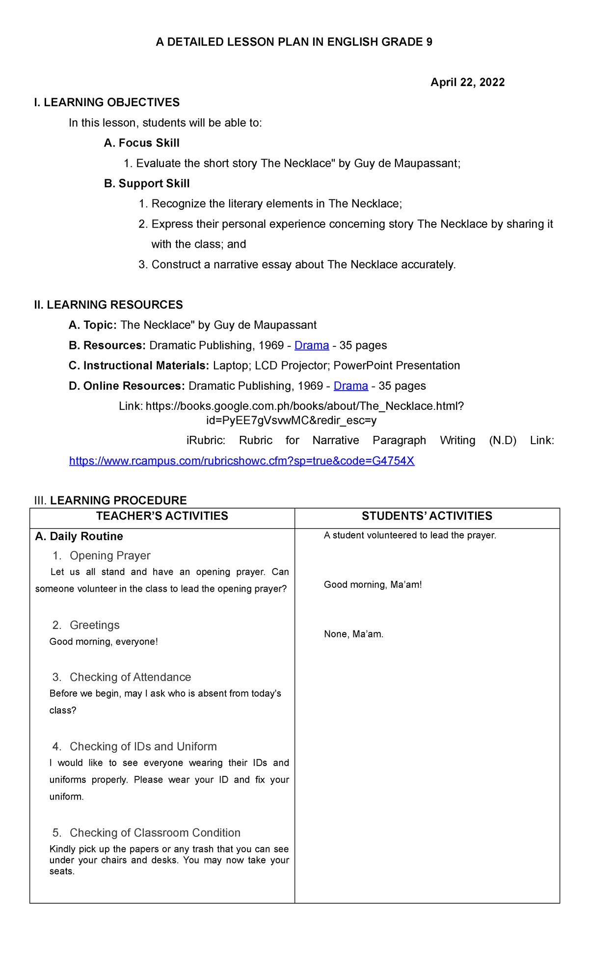 Lesson Plan - A DETAILED LESSON PLAN IN ENGLISH GRADE 9 April 22, 2022 ...