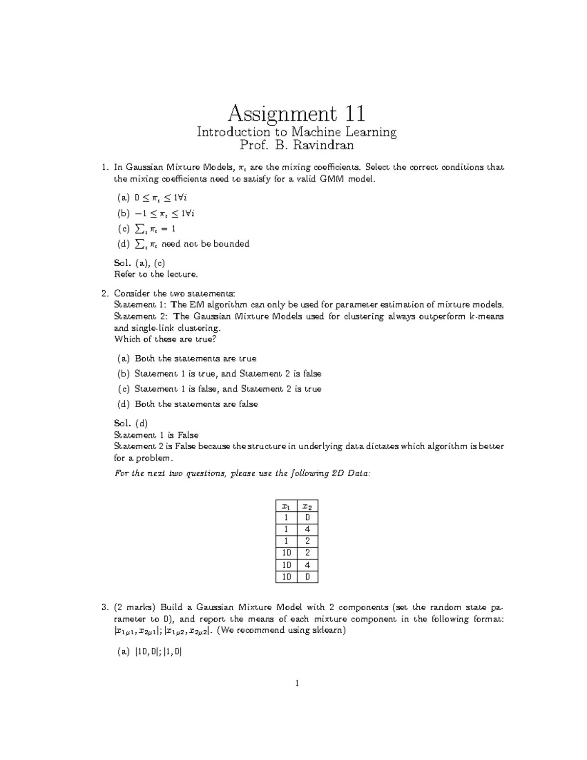 Assignment 11 Assignment 11 Introduction To Machine Learning Prof