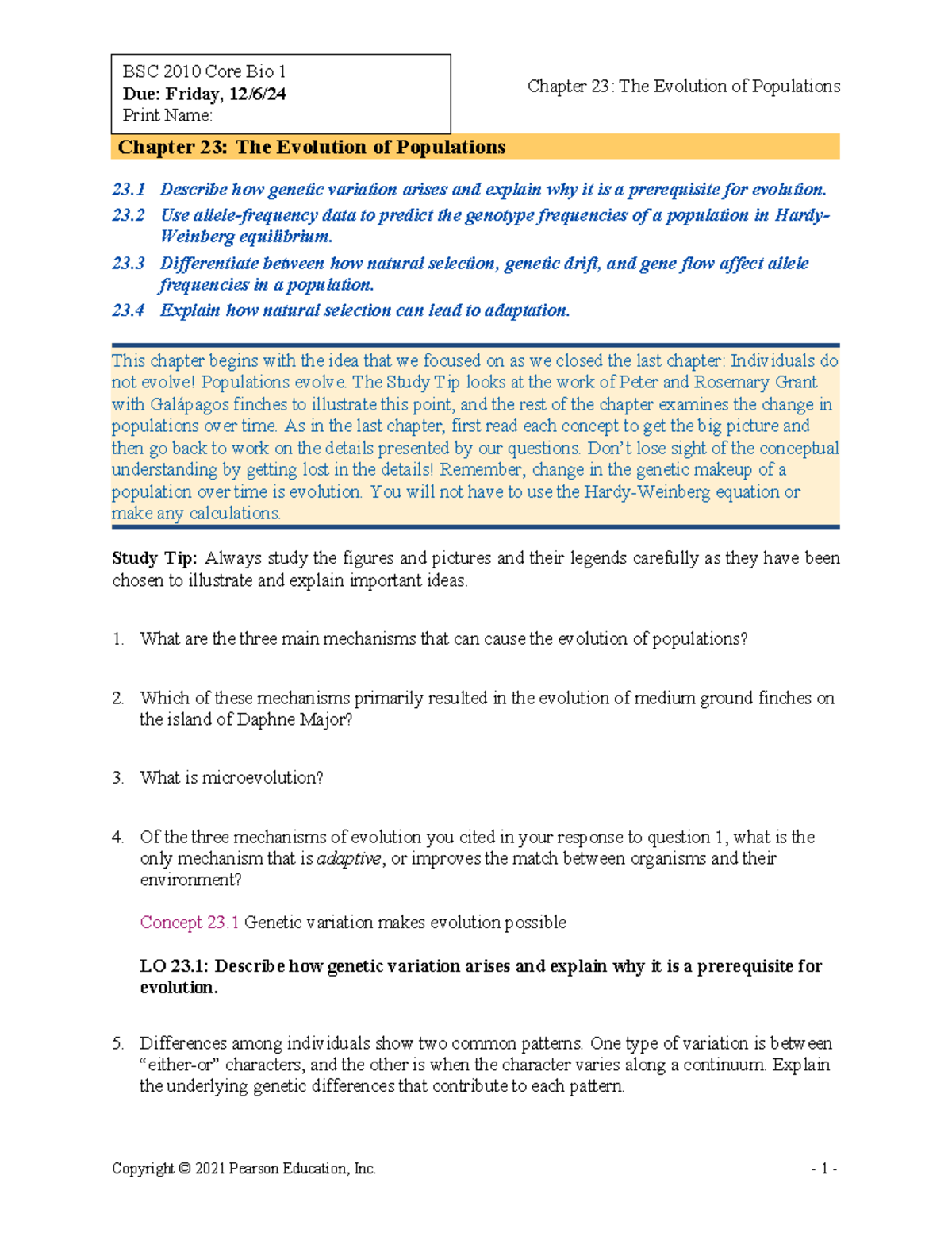 Core Bio 1 Ch. 23 Microevolution Active Reading Guide Fall 2024 ...