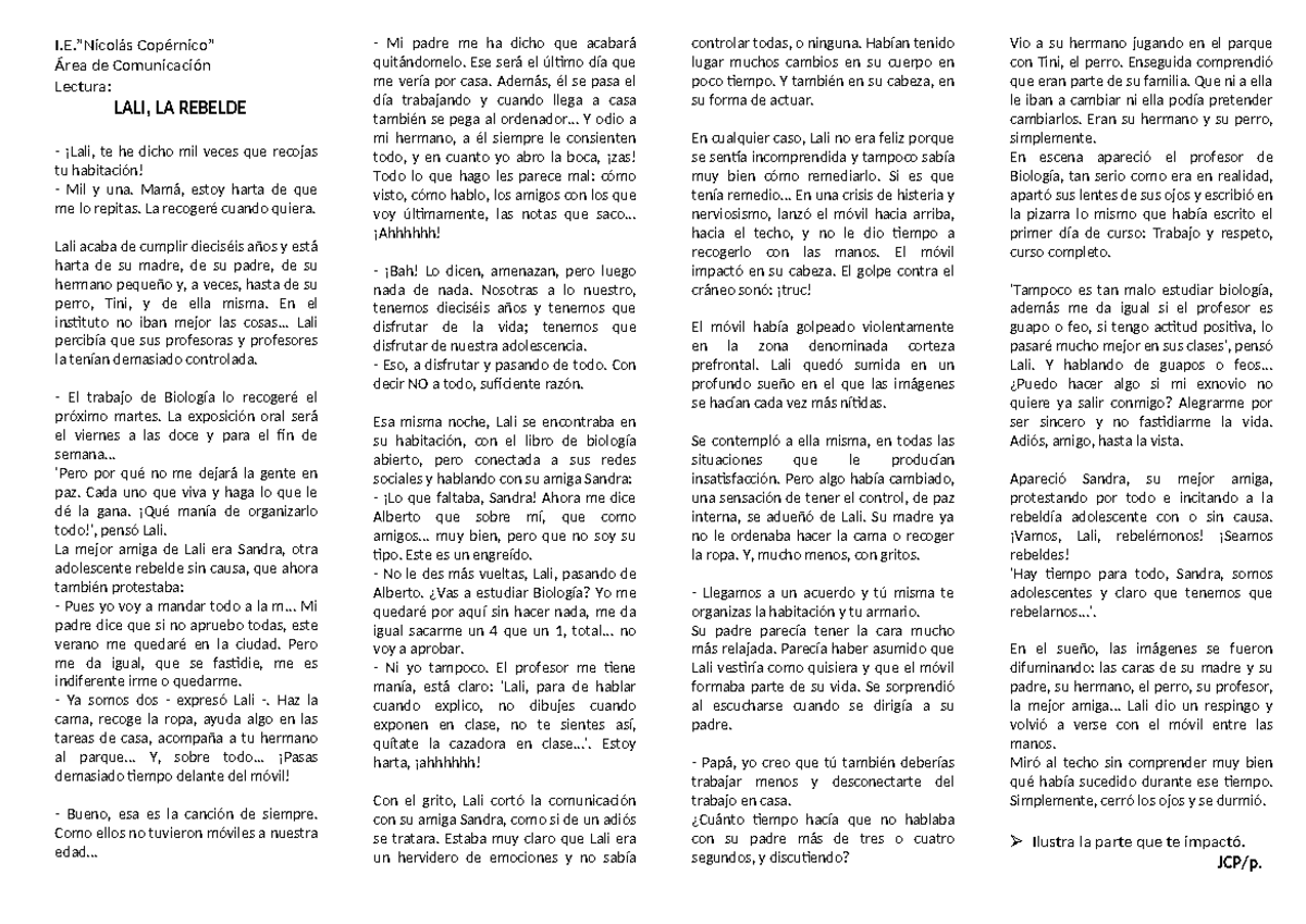 Lali, la rebelde - I.”Nicolás Copérnico” Área de Comunicación Lectura ...