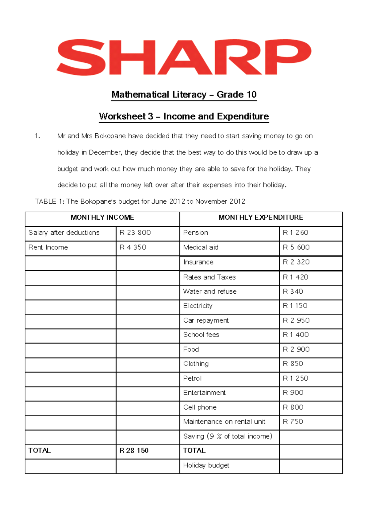 Sharp Gr10 Maths Worksheet 3 Income and Expenditure - Mathematical ...