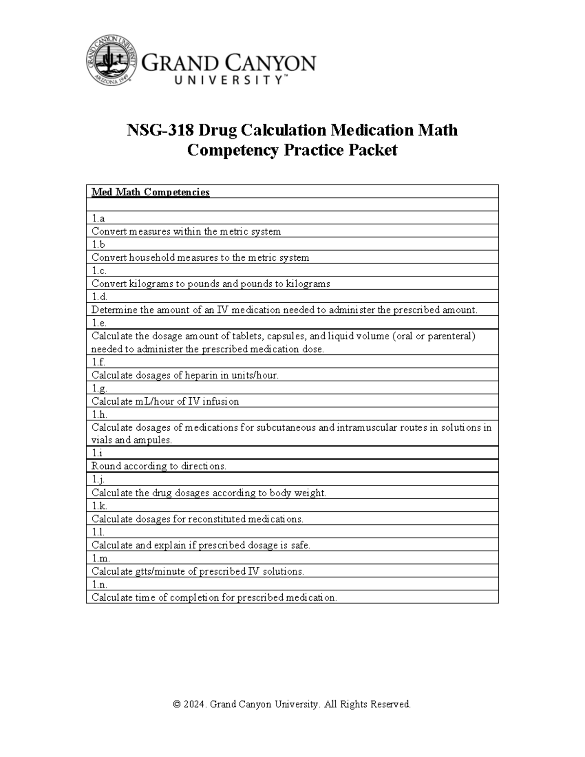 FA24 Med Math Packet - NSG- 318 Drug Calculation Medication Math ...