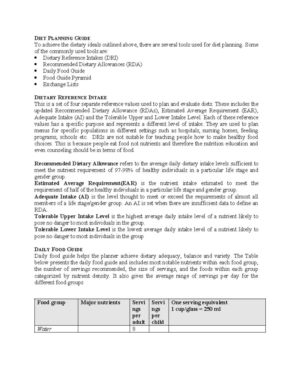 Diet Planning Guide and modified diets - DIET PLANNING GUIDE To achieve ...