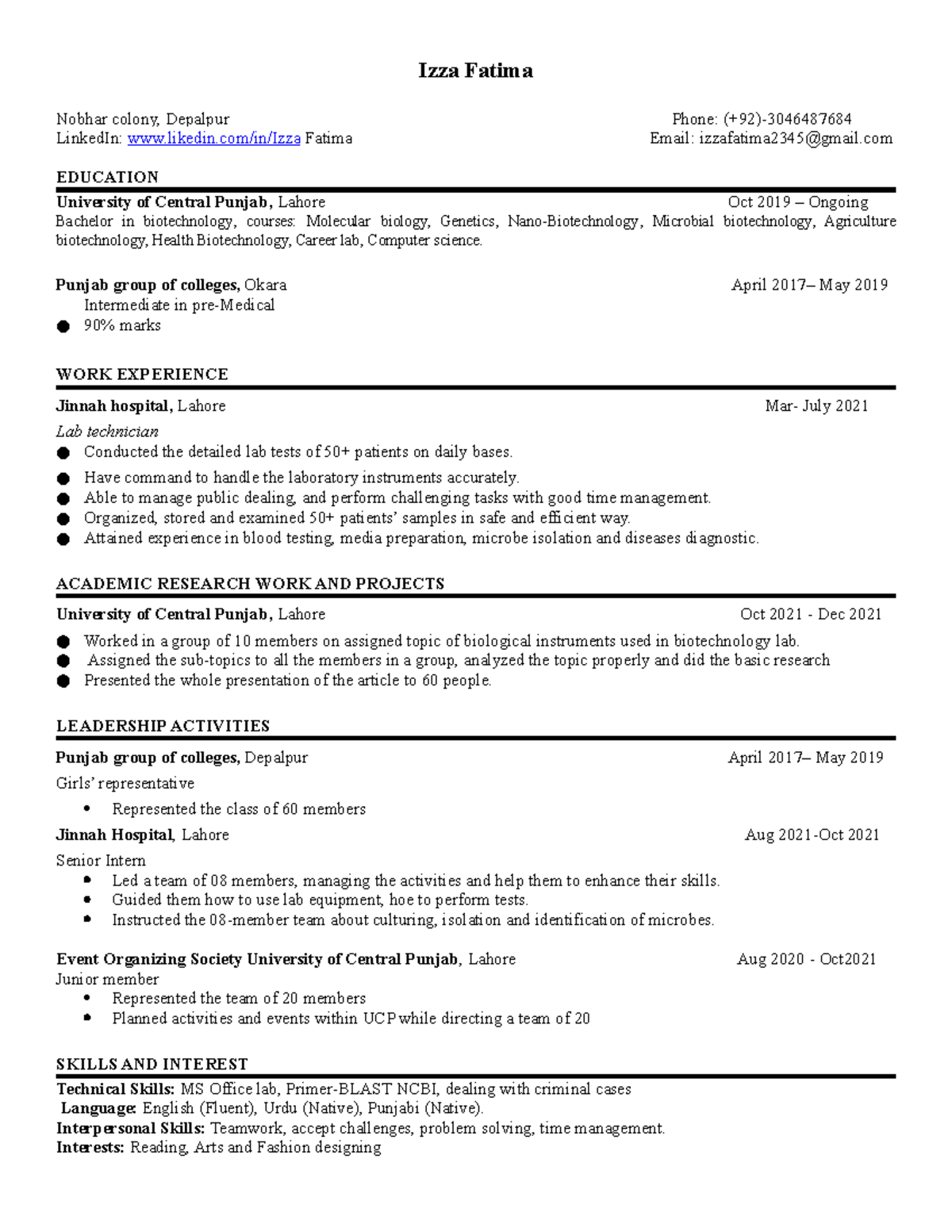 Izza Fatima Resume - Izza Fatima Nobhar colony, Depalpur Phone: (+92 ...