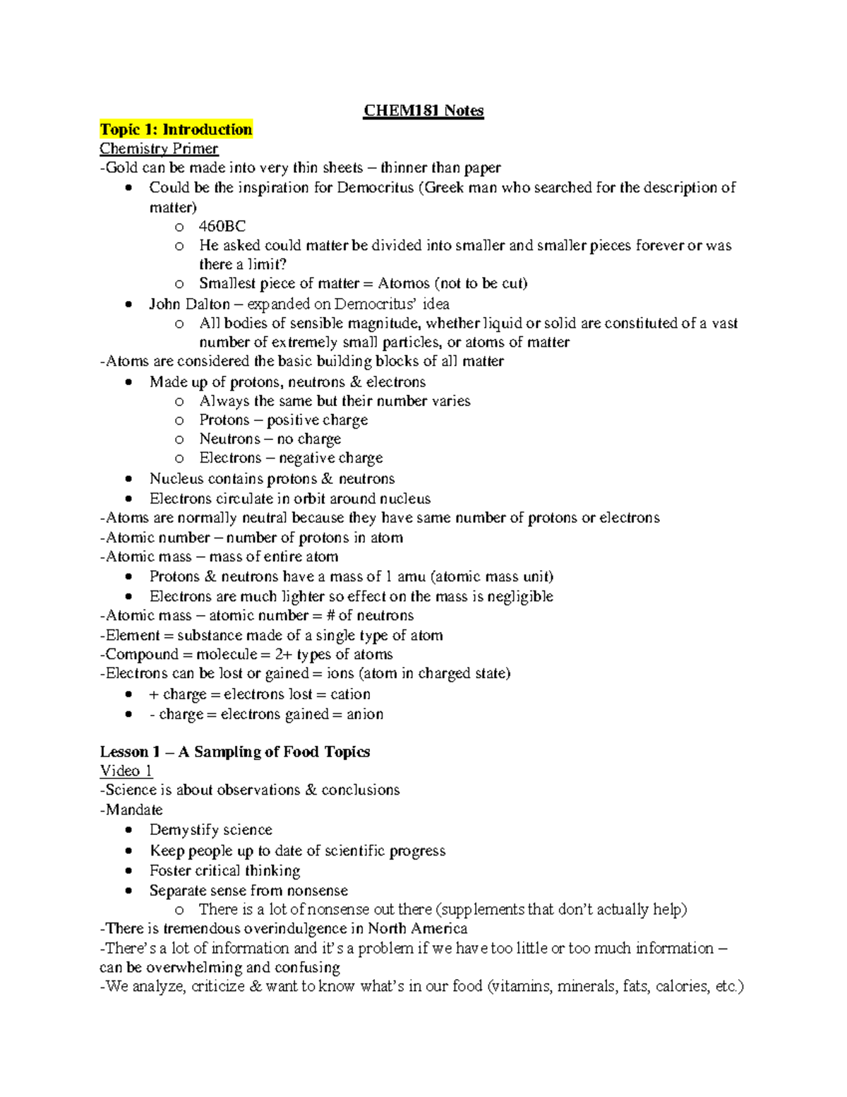 Midterm 1 - CHEM18 1 Notes Topic 1: Introduction Chemistry Primer Gold ...