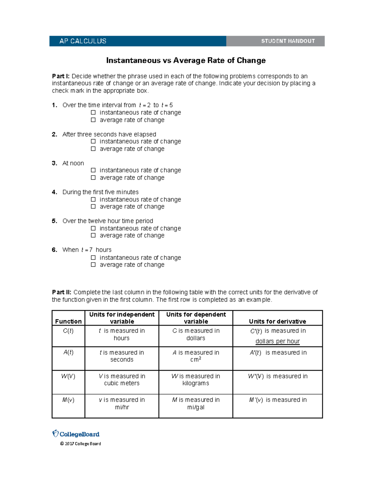 4.1 Extra Practice - Instantaneous vs Average Rate of Change Part I ...