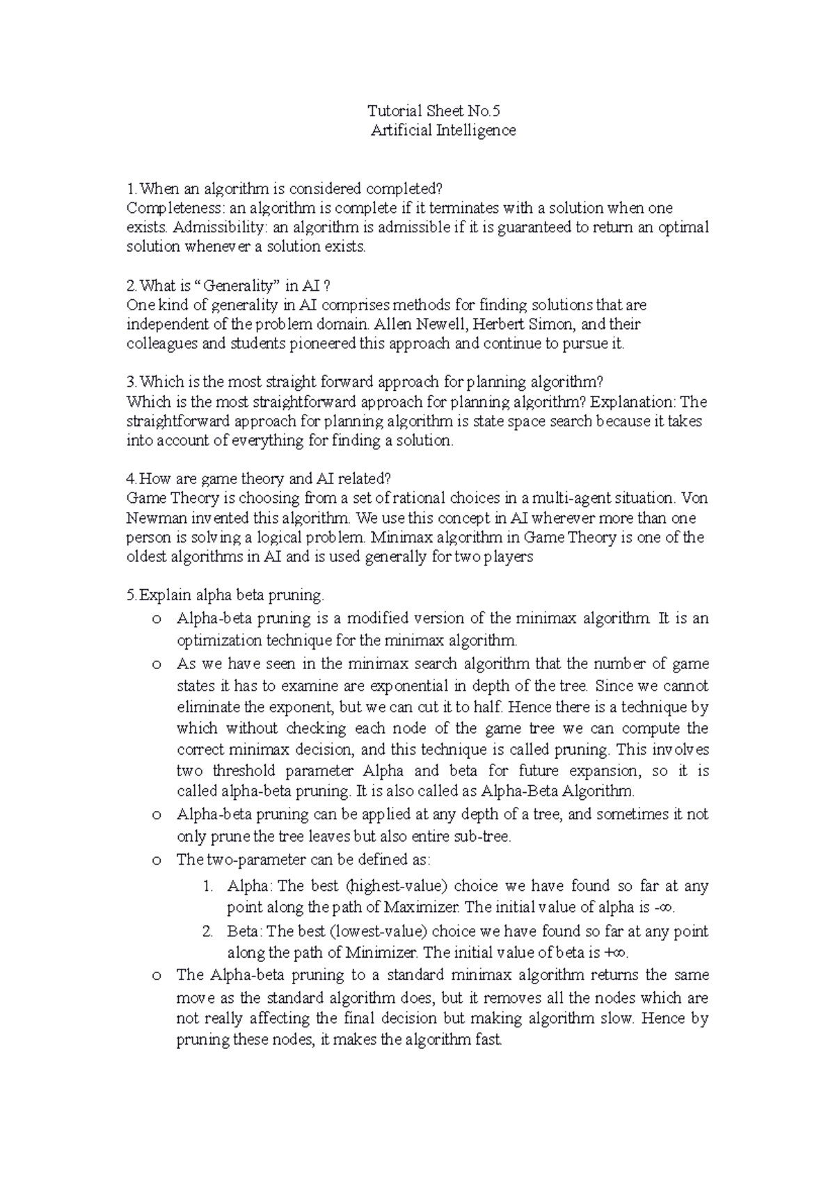 Tutorial Sheet No5 AI - NOTES - Tutorial Sheet No. Artificial ...