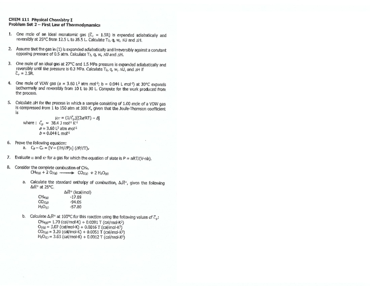 Problem Set (First Law of Thermodynamics) - Chemistry - Studocu