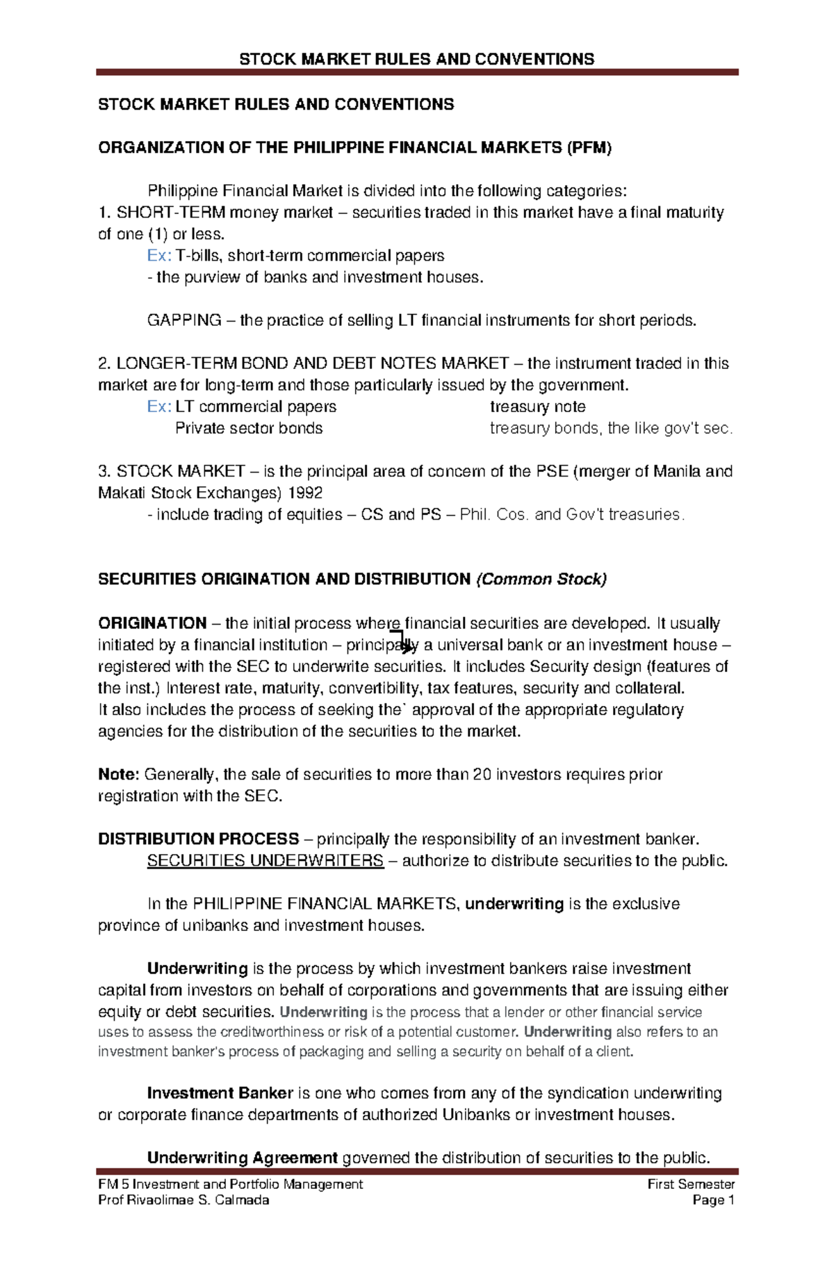 FM 5 Lec4 Stock Market Rules and Convention Pre - FM 5 Investment and ...