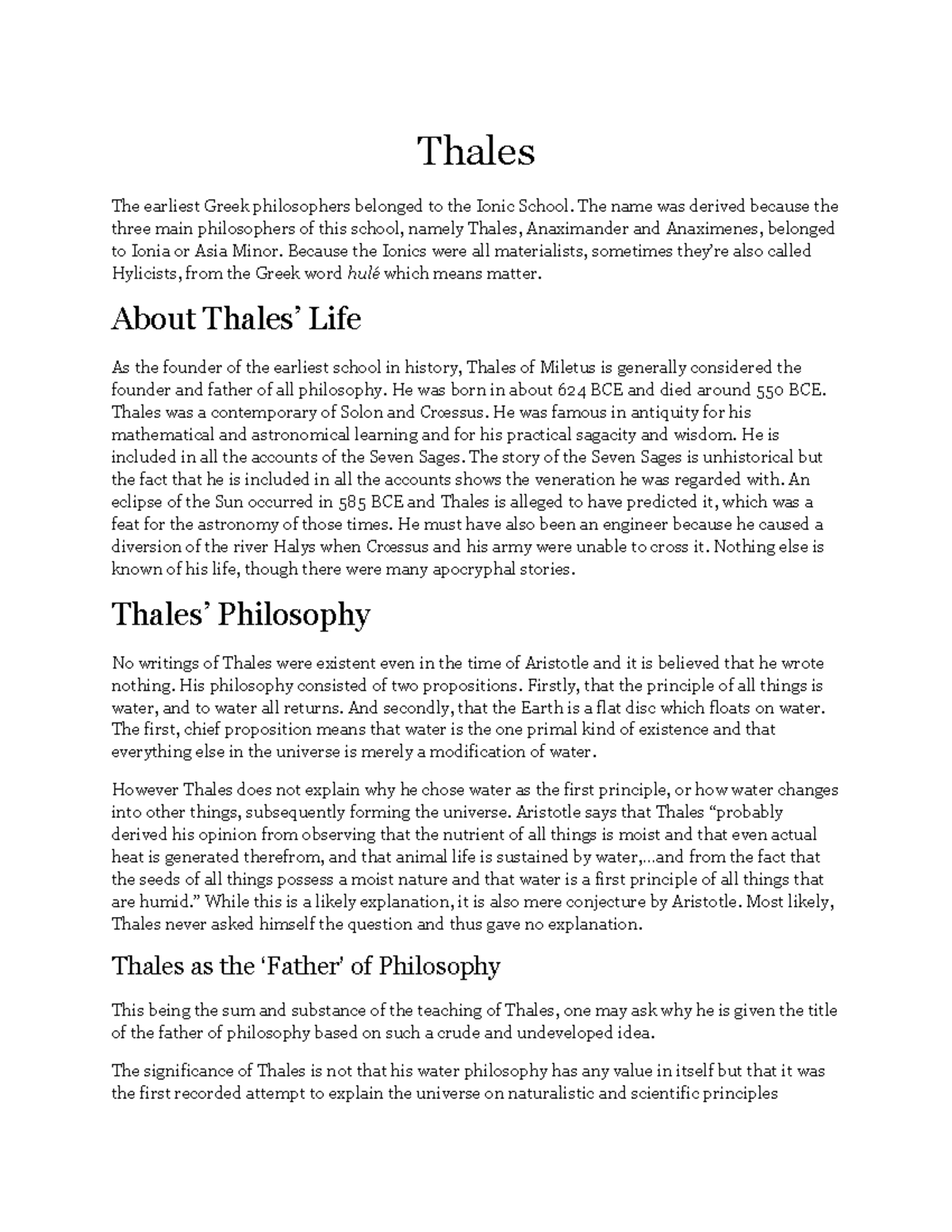 Thales - Summary A Critical History of Greek Philosophy - Thales The ...