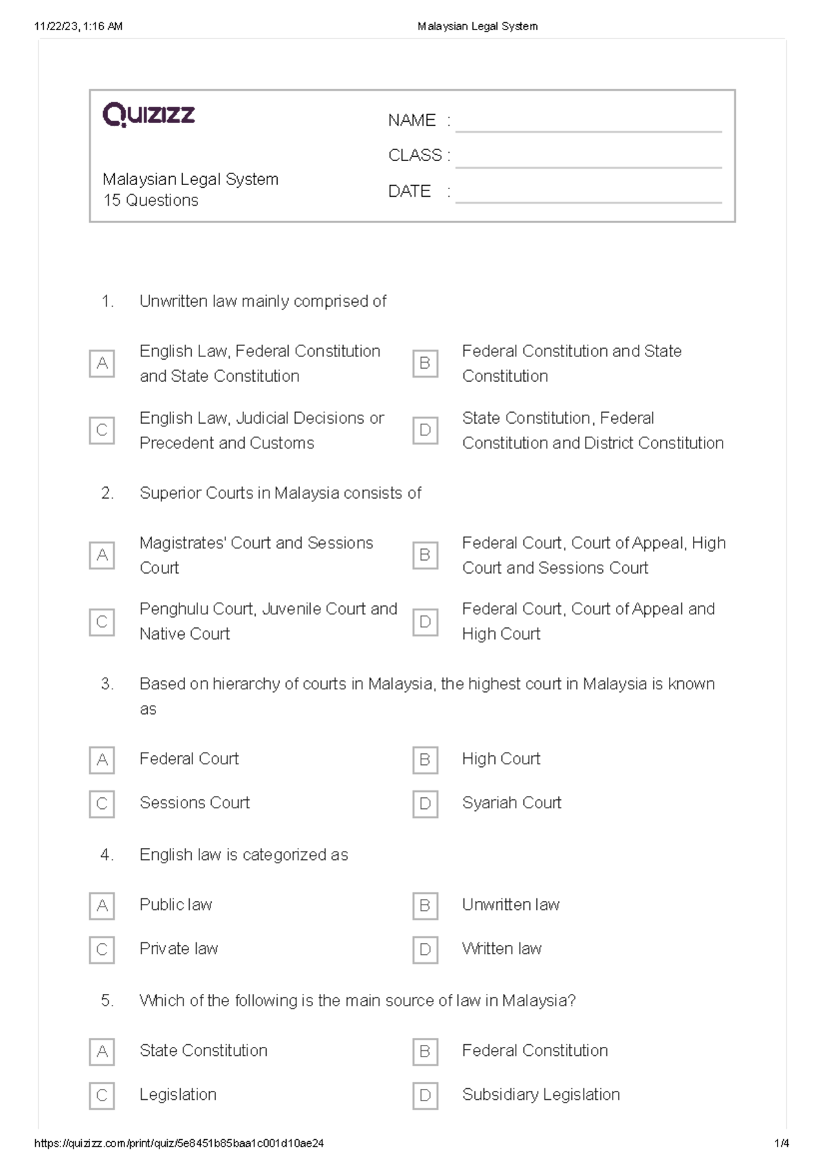 Malaysian Legal System Quiz 2 - Malaysian Legal System 15 Questions ...