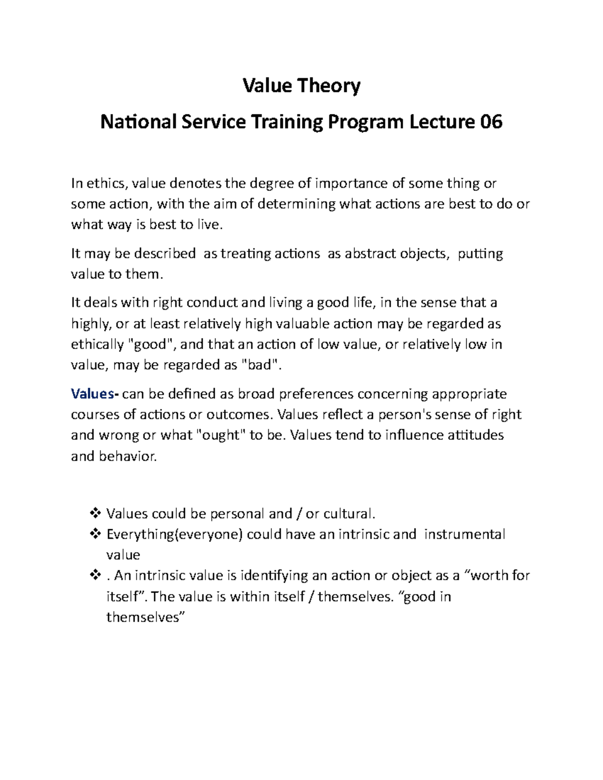 Value Theory 1 - Value Theory National Service Training Program Lecture ...