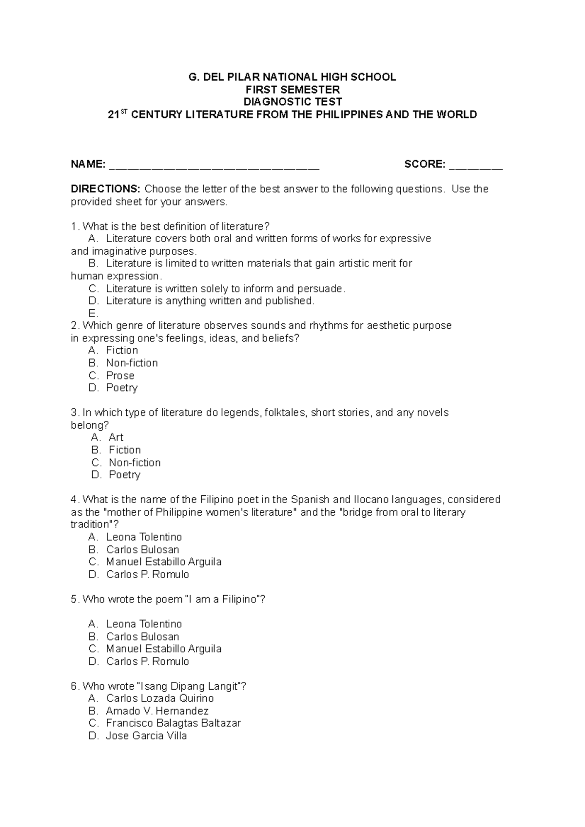21st century lit - Diagnostic Test - G. DEL PILAR NATIONAL HIGH SCHOOL ...