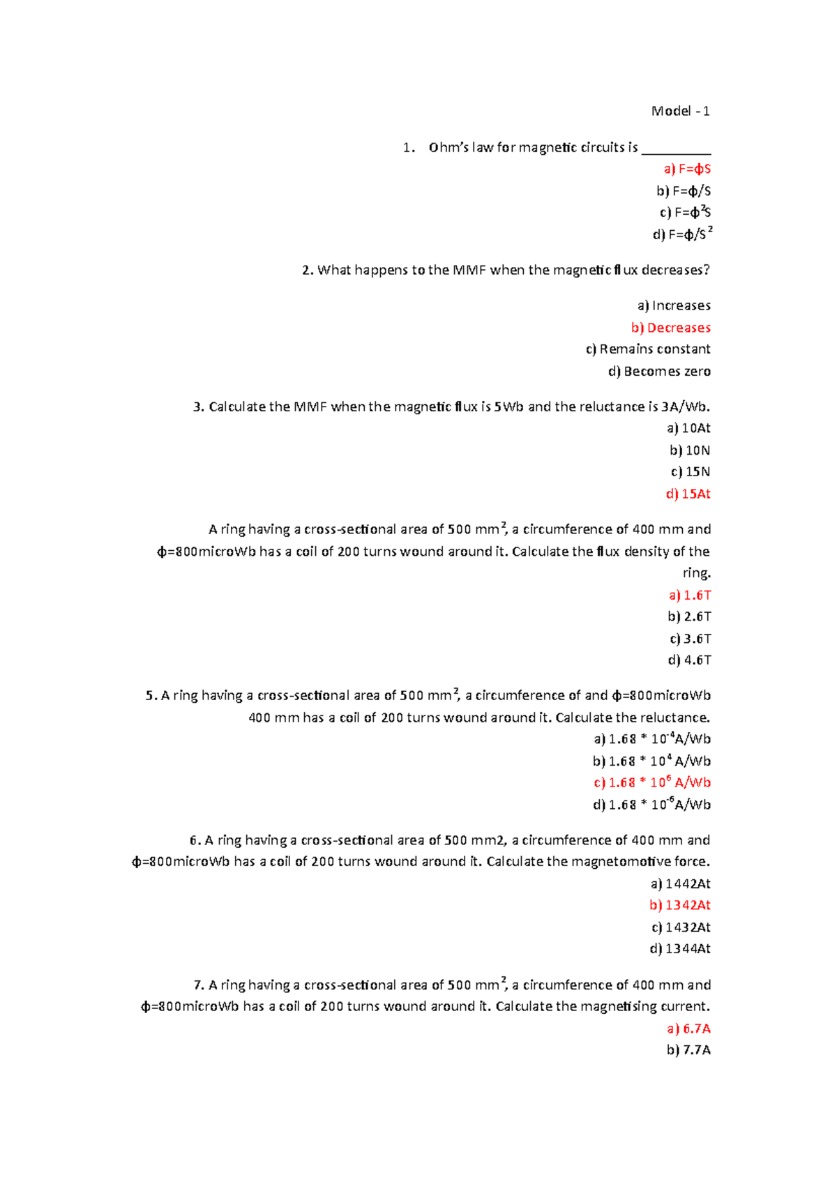 MCQ machine 1 - summary and notes - Model - 1 1. Ohm’s law for magnetic ...