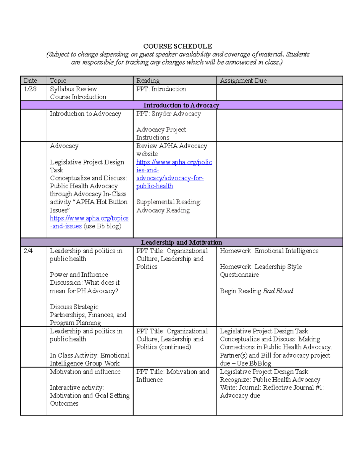 GCH 376 001 Spring 2019 Course Schedule - COURSE SCHEDULE (Subject to ...