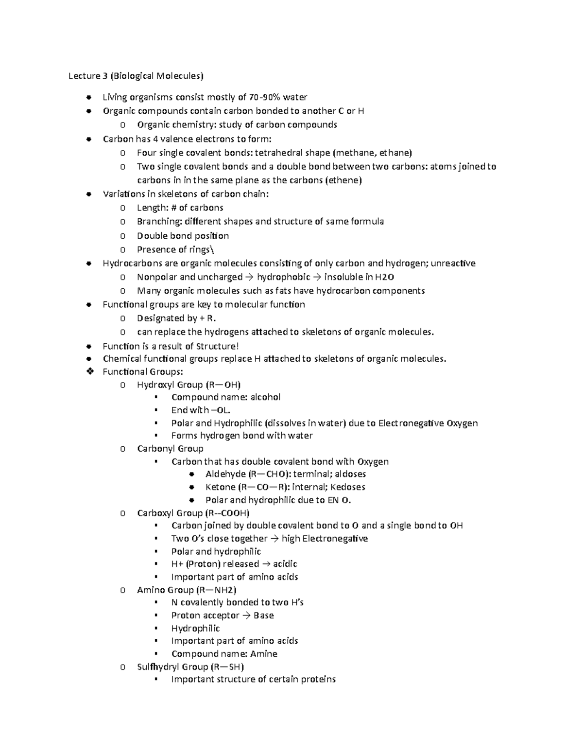 Lecture 3 - Class Notes - Lecture 3 (Biological Molecules) Living ...