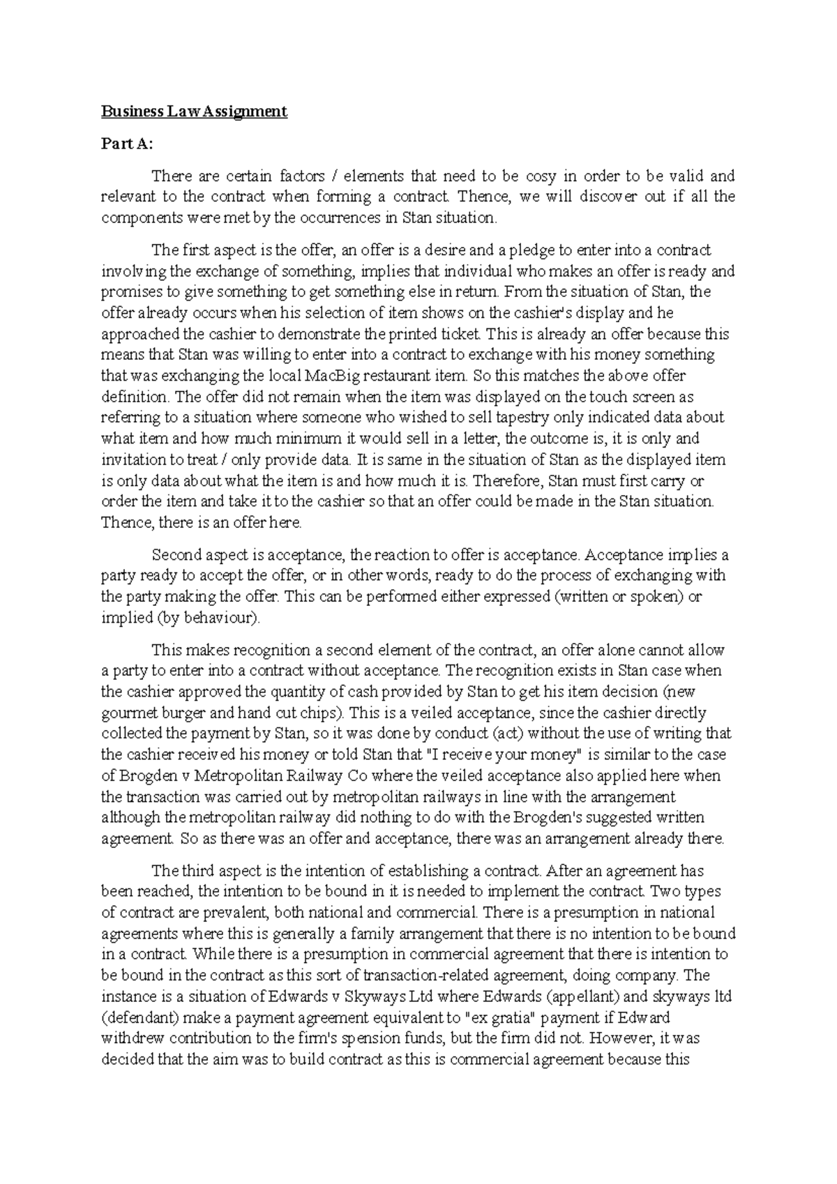 Business law assignment - Business Law Assignment Part A: There are ...