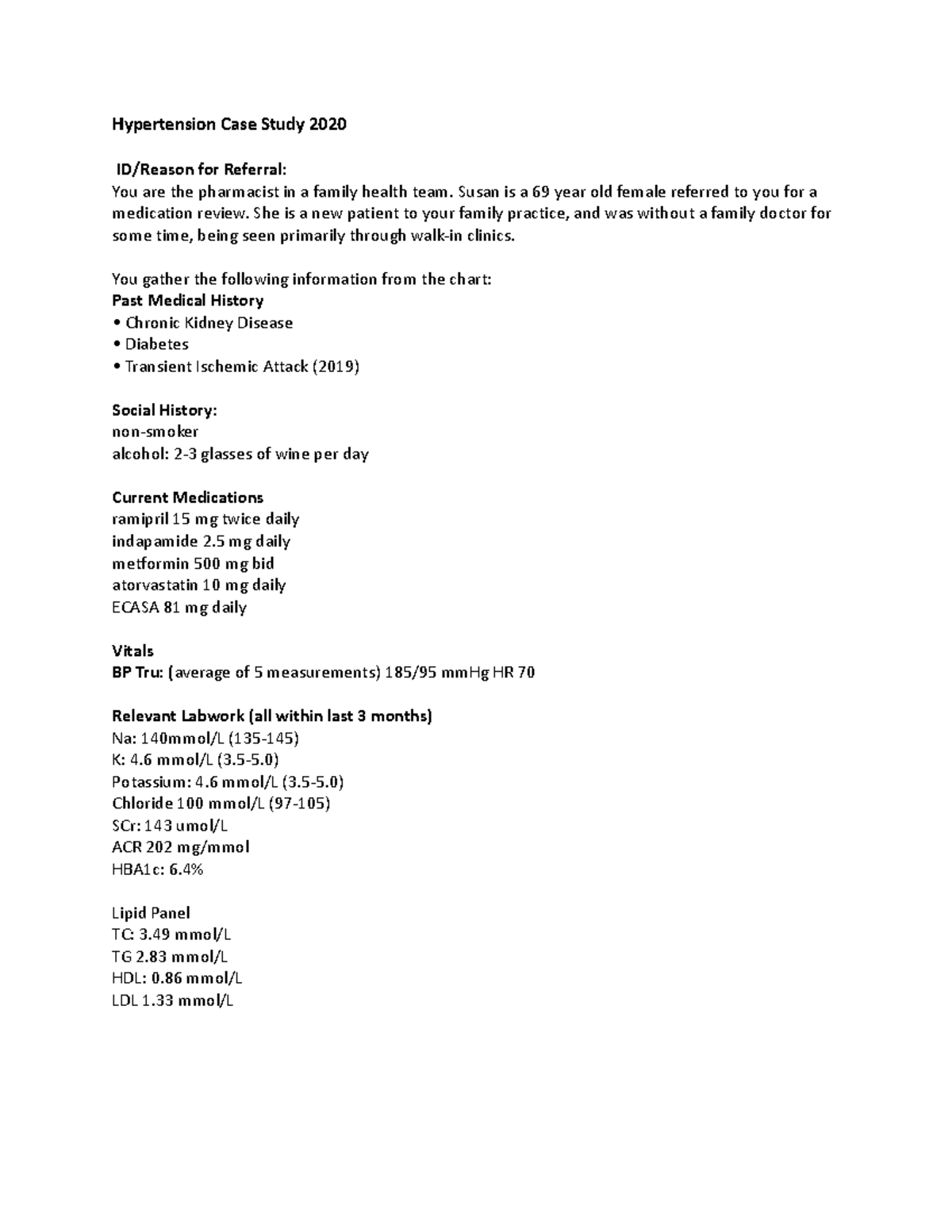 Hypertension Case Study - Susan is a 69 year old female referred to you ...