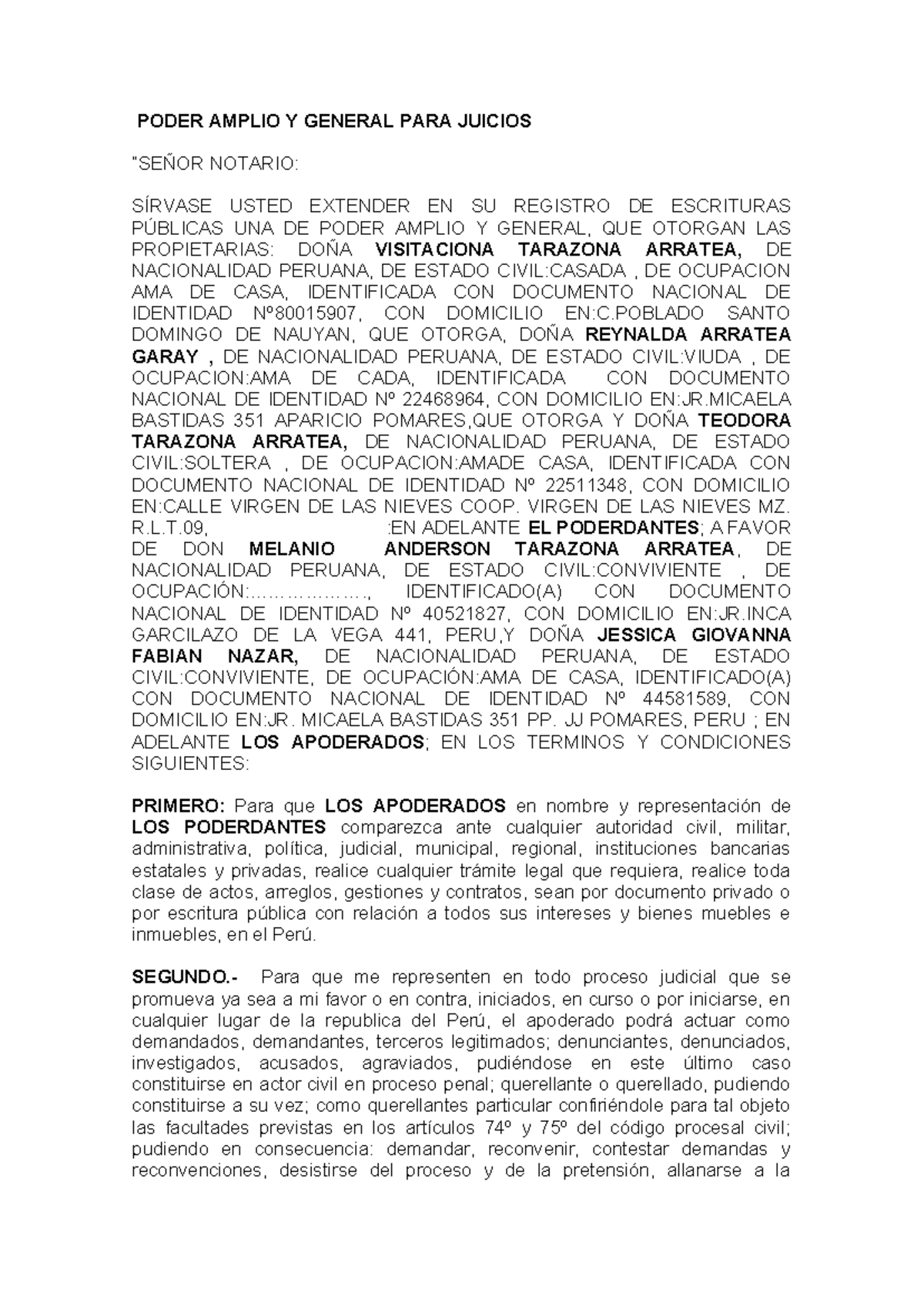 Modelo de poder amplio y juicios prescripcion adquisitiva - PODER ...