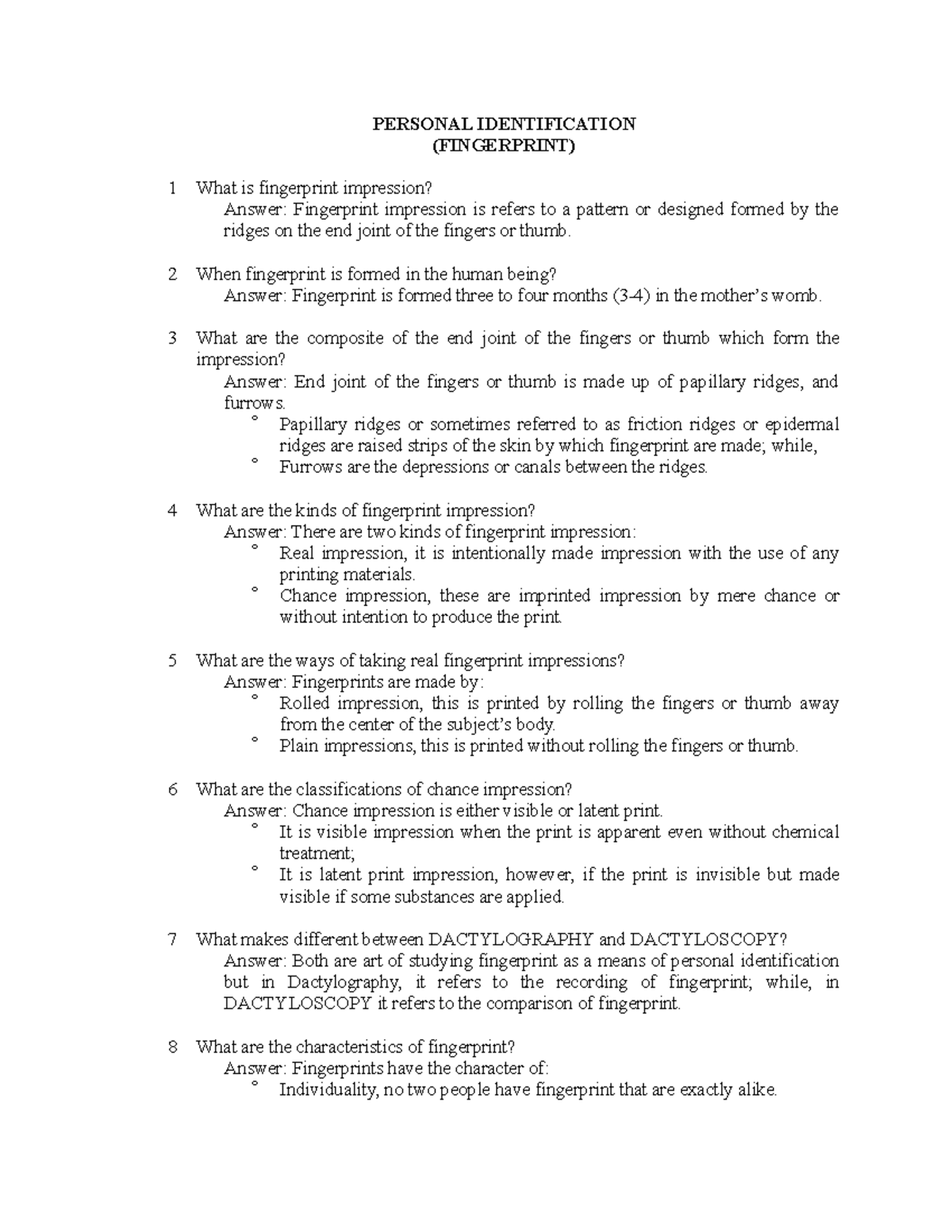 Final-ORAL - Note - PERSONAL IDENTIFICATION (FINGERPRINT) 1 What is ...