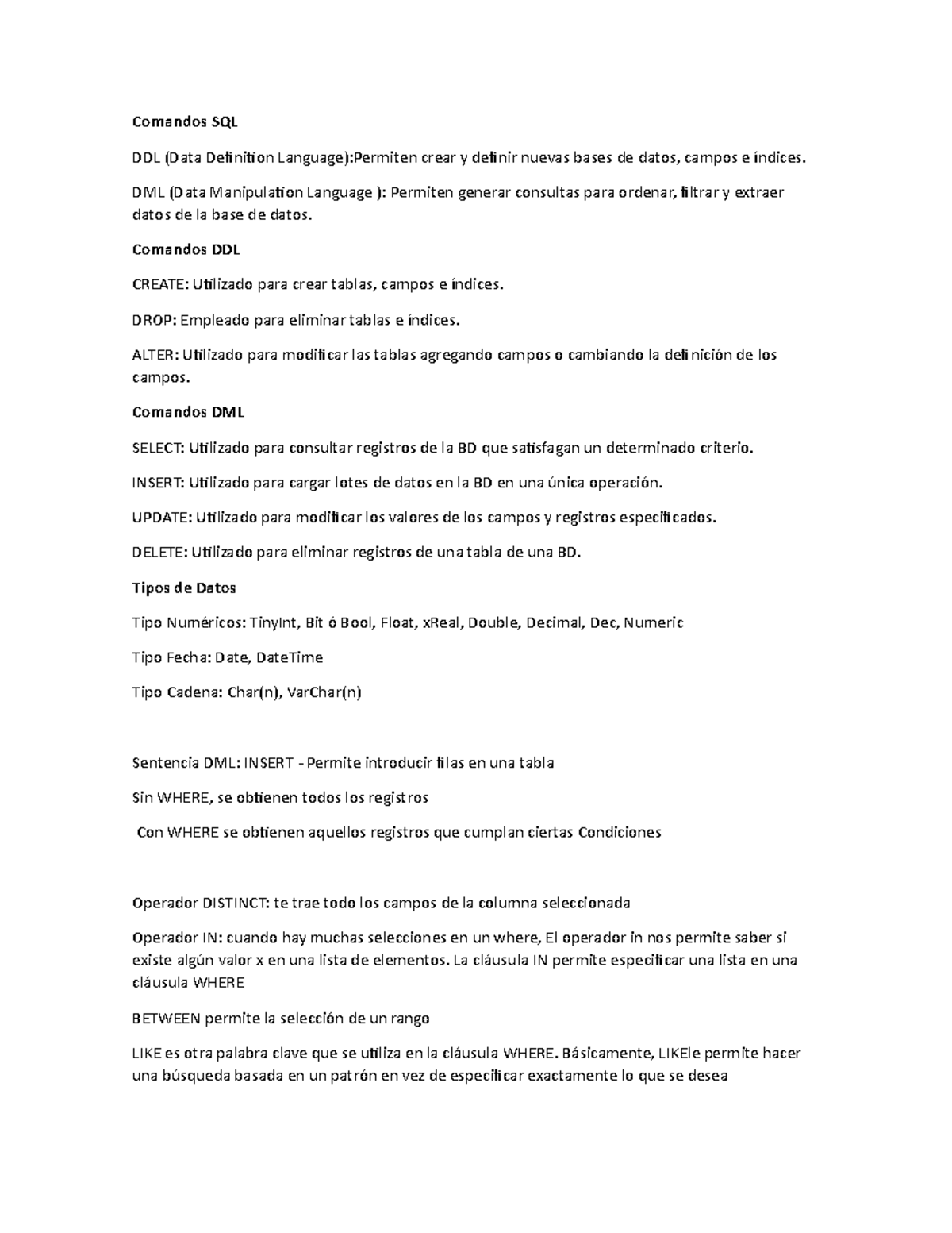 Guia BD ORD - Guia para estudiar - Comandos SQL DDL (Data Definition ...