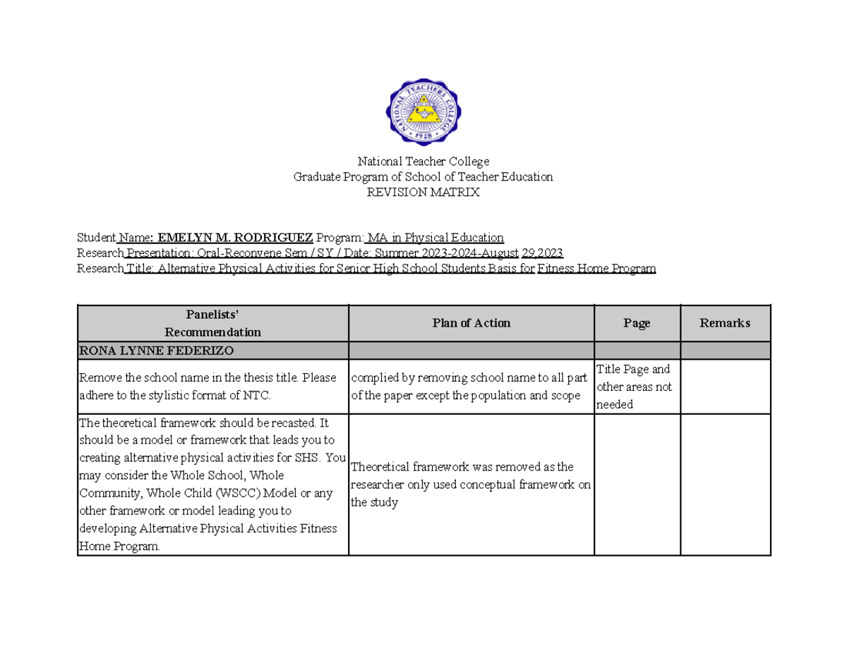 Revision-Matrix-Emelyn - National Teacher College Graduate Program of ...