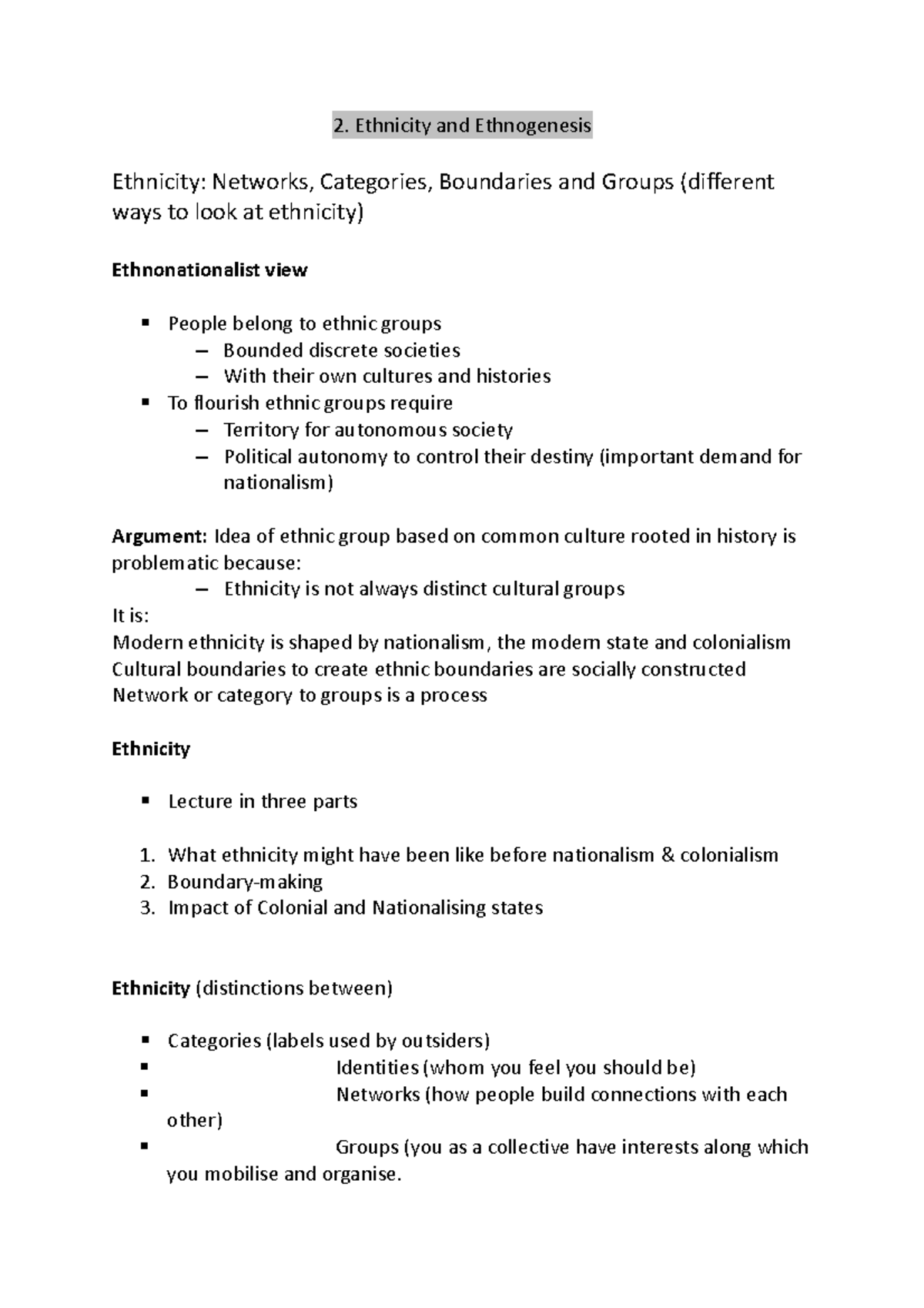 Lecure Lecture Notes Ethnicity And Conflict Ethnicity And Ethnogenesis Ethnicity Networks 