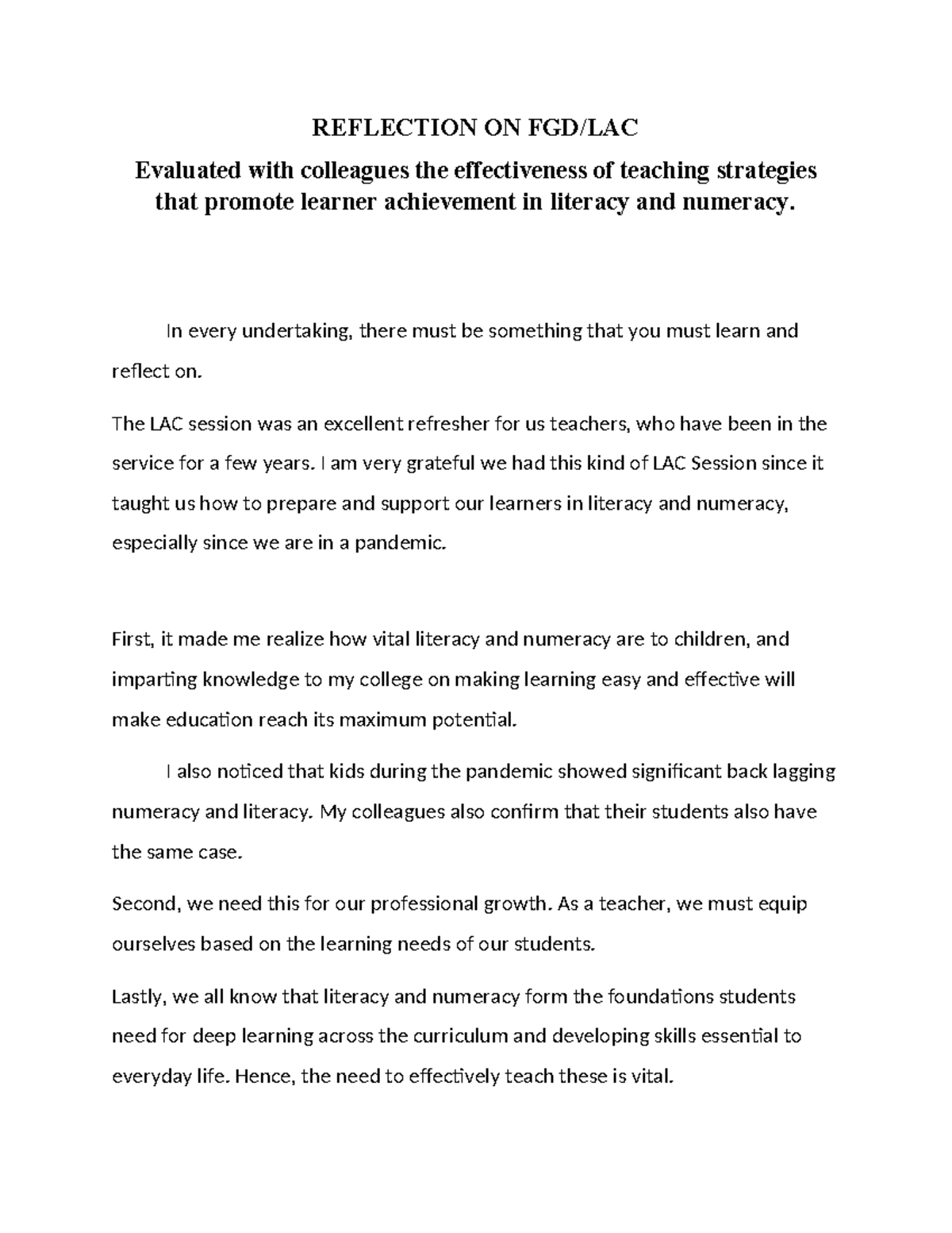 2. Reflection Notes - REFLECTION ON FGD/LAC Evaluated with colleagues ...