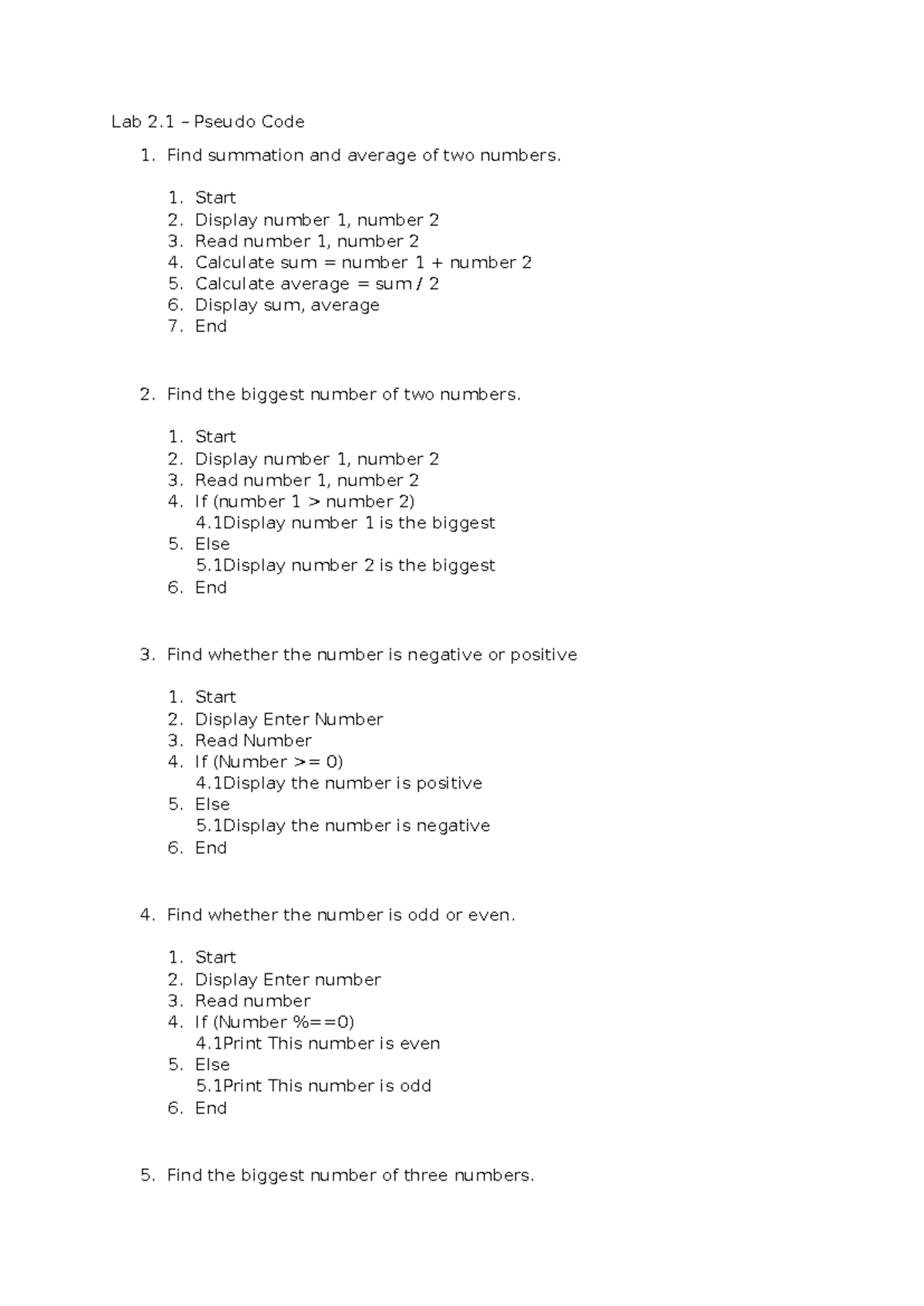 Pseudo Code Lab Exercise - Lab 2 – Pseudo Code 1. Find summation and average of two numbers. 1 ...