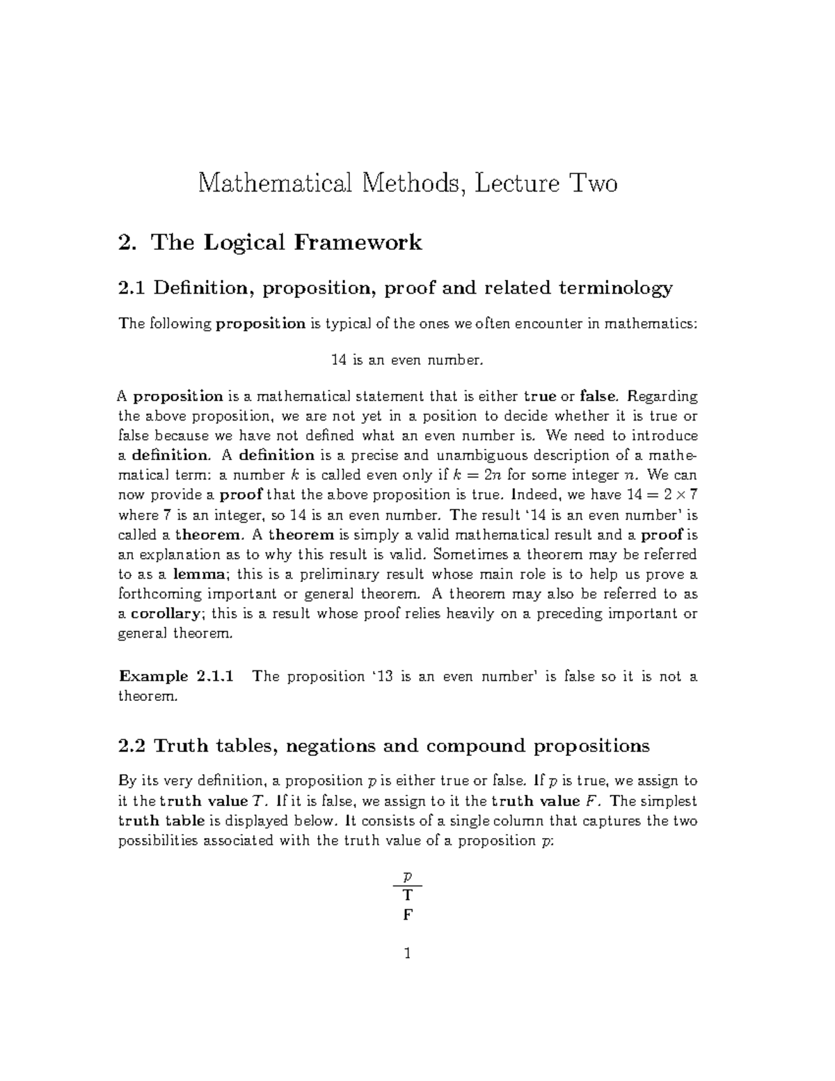 Lecture Notes 2 - Mathematical Methods, Lecture Two 2. The Logical ...